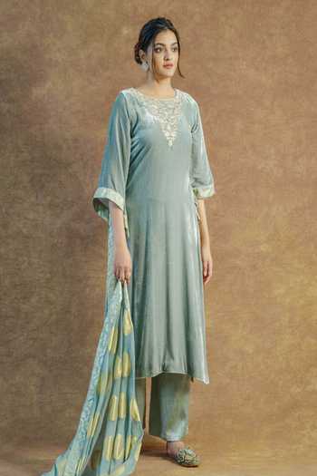 Buy Grey Kurta Silk Velvet Embroidered Dori Round Neck Palazzo Set For ...