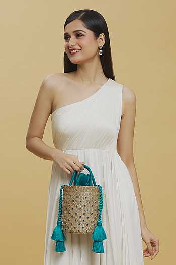 Buy Green Diamonte Studded Straw Bucket Bag by Anshu Goyal Online at ...