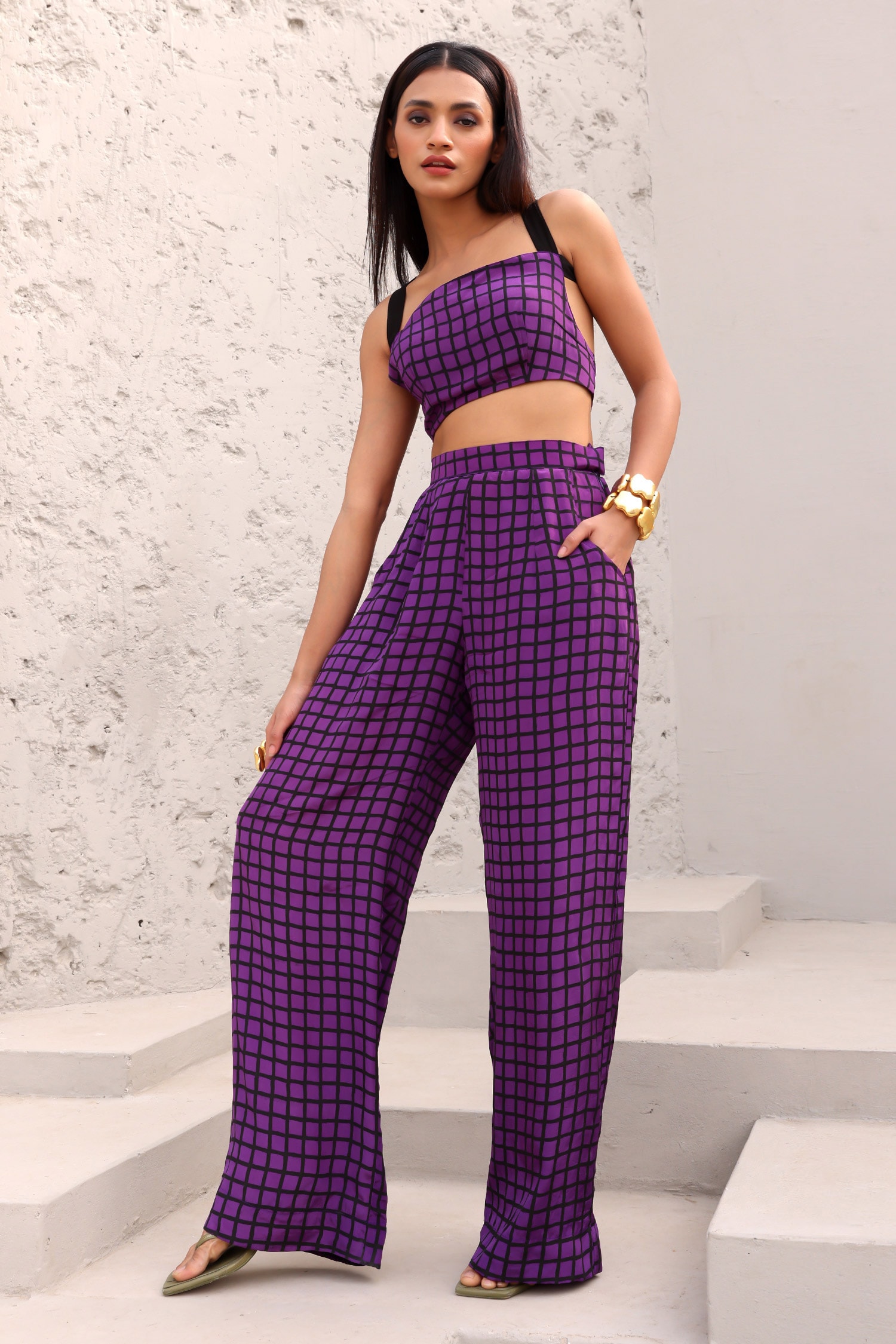 Buy Purple Natural Crepe Hand Block Printed Harmony Bustier And Pant ...