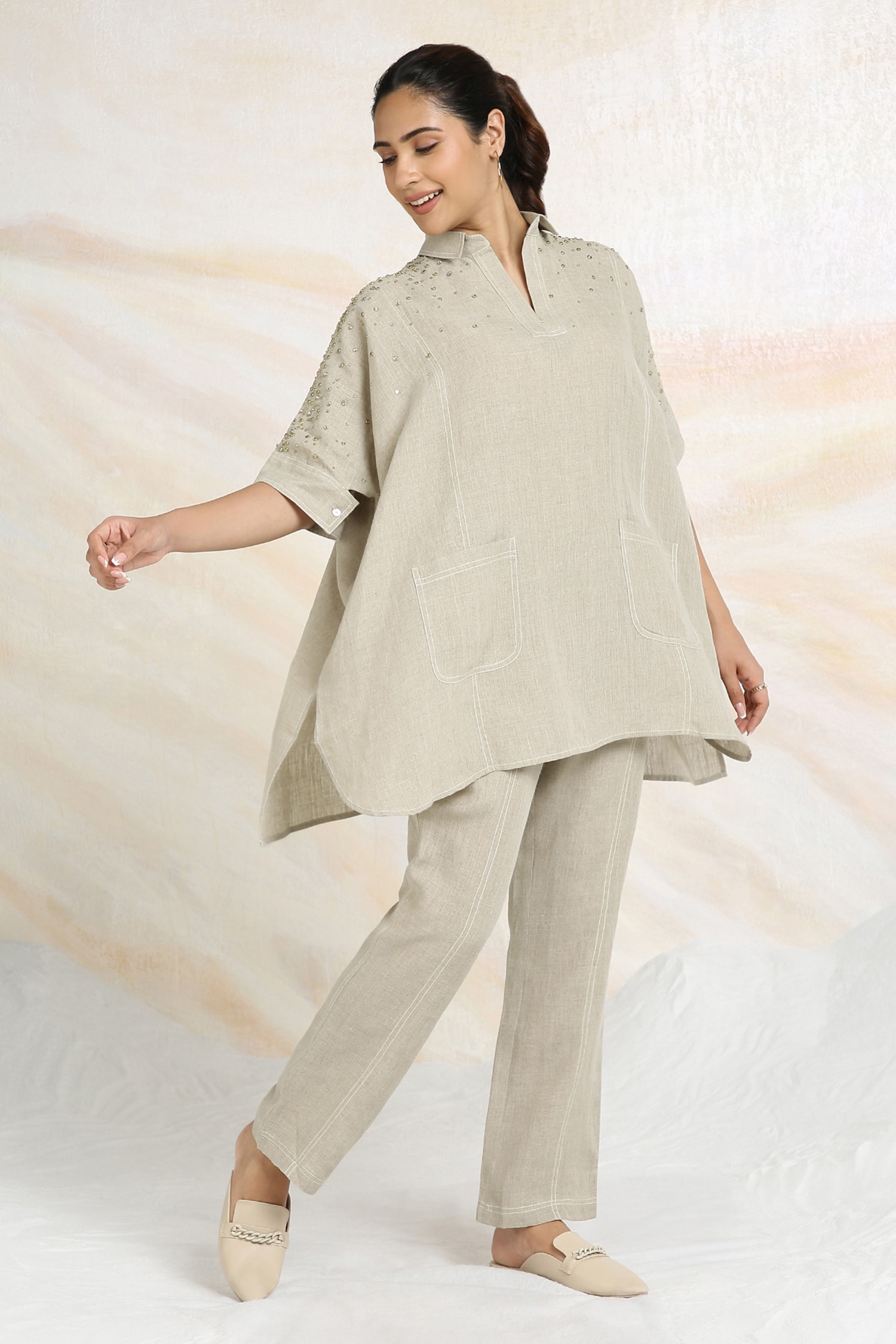 Buy Grey 100% Linen Embellished Rhinestones Fall Boxy Top With Pant For ...