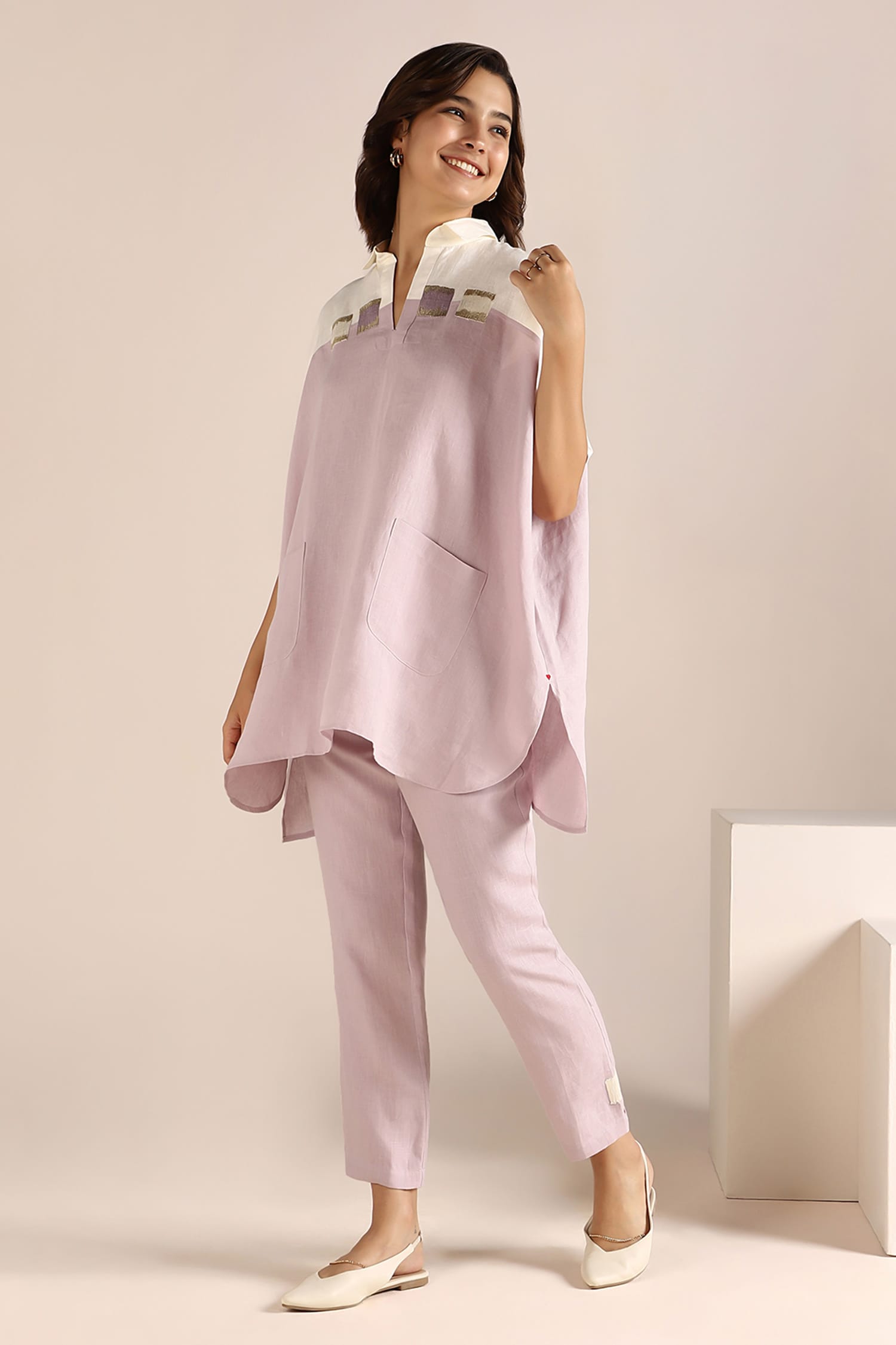 Buy Off White 100% Linen Colour Block Thread Shirt Square Top With Pant ...