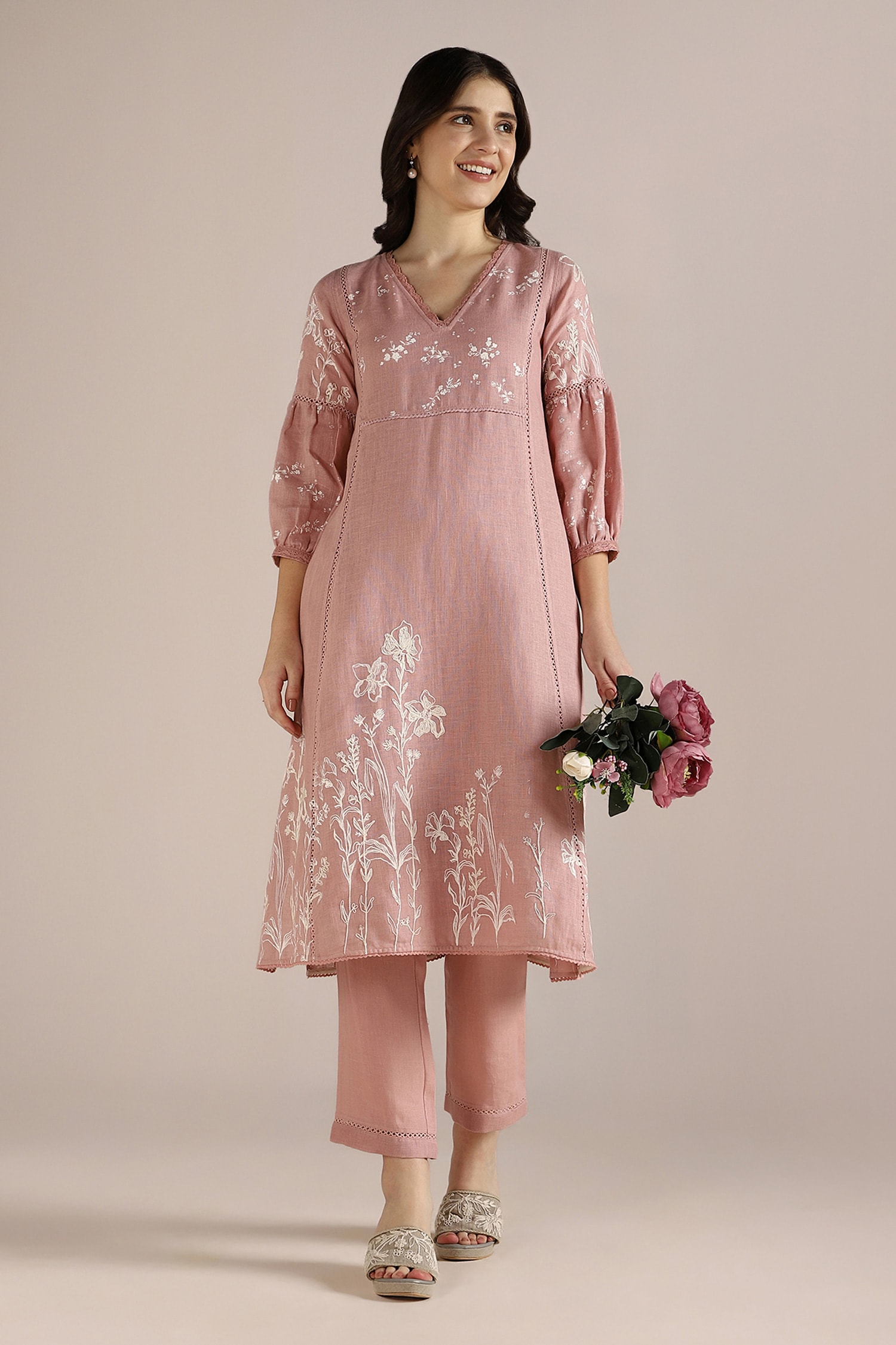 Buy Pink 100% Linen Hand Drawn Floral V Savannah Fly Free Tunic With ...