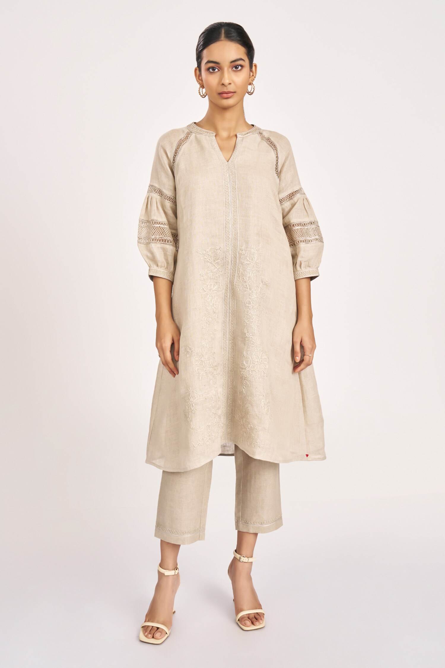 Buy Beige 100% Linen Embroidered Thread Work Heart Strings Kismat Dress ...