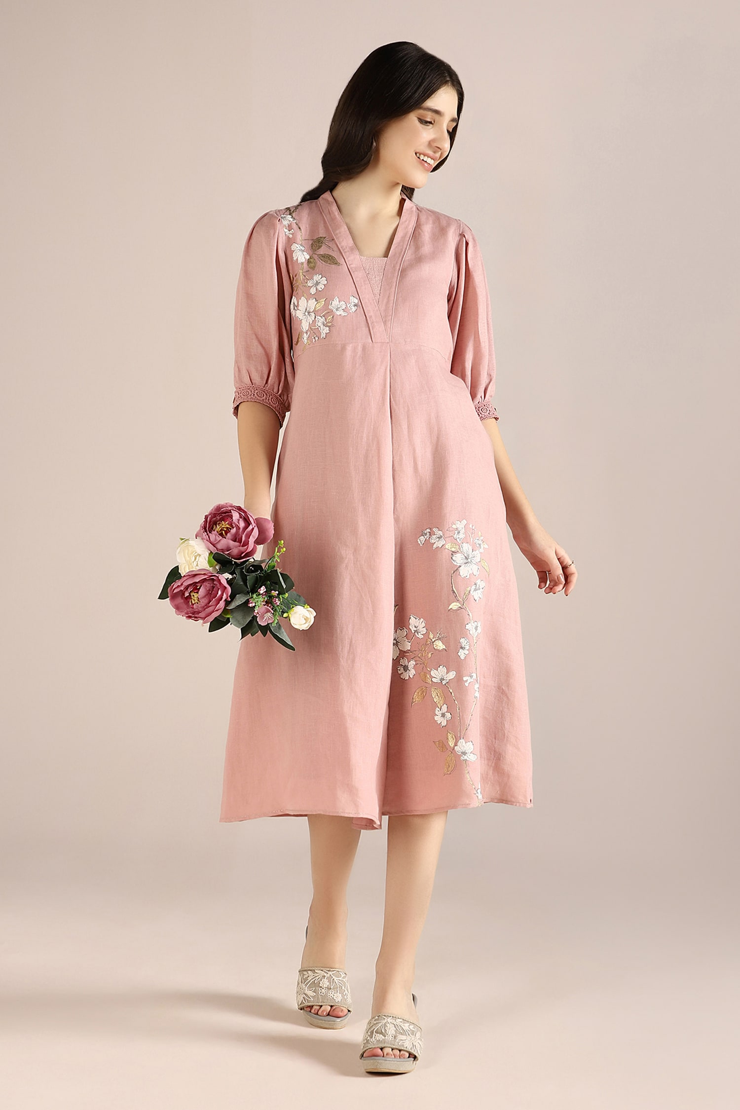 Buy Pink 100% Linen Hand Print Floral Square V Neck Camelia Pattern ...