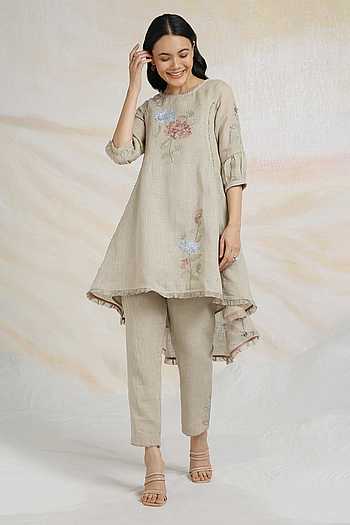 Buy Beige 100% Linen Printed And Embroidered Ice Cream Cone Tunic For ...