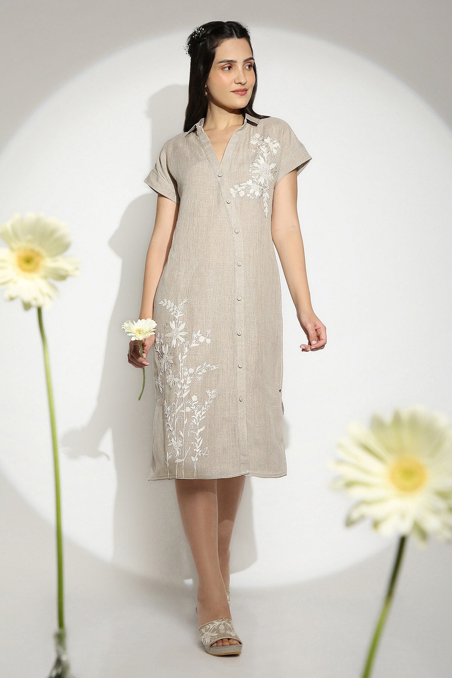 Buy Beige 100% Linen Hand Embroidered Anchor Thread Wave Shirt Dress ...