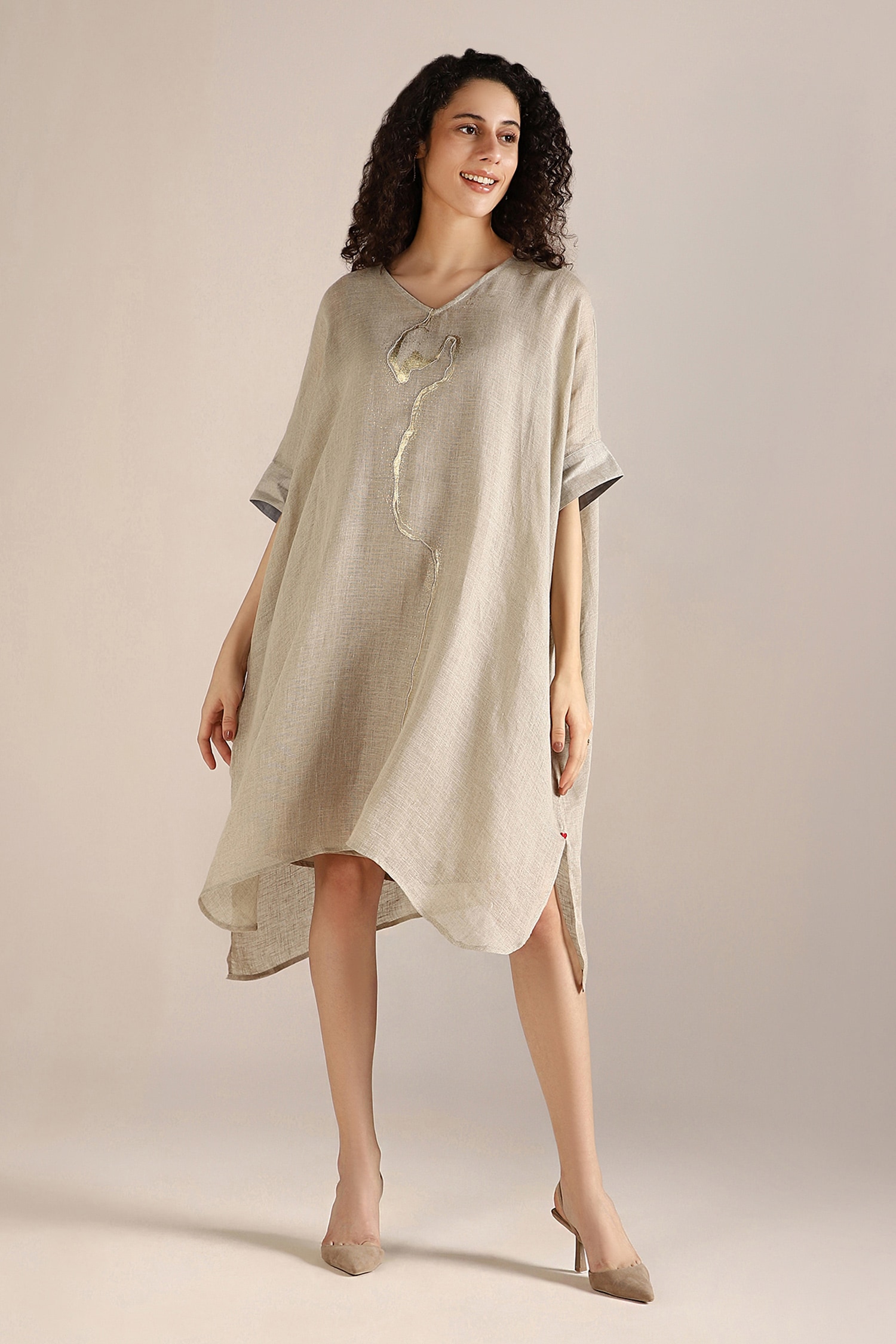 Buy Beige 100% Linen Foil Printed Body V Neck Placement Dress For Women ...