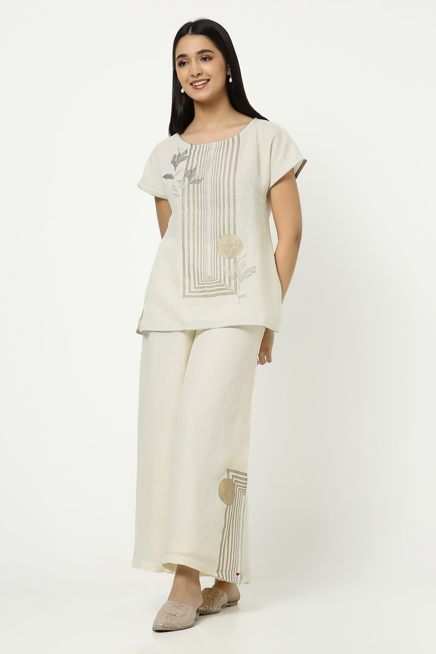 Buy Off White 100% Linen Embellished Zari Thread Round Leaf Top For ...