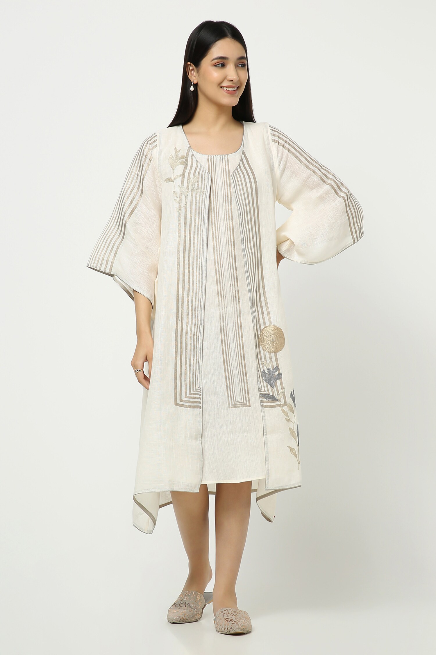 Buy Off White 100% Linen Embellished Zari Maze Stripe Print With Jacket ...