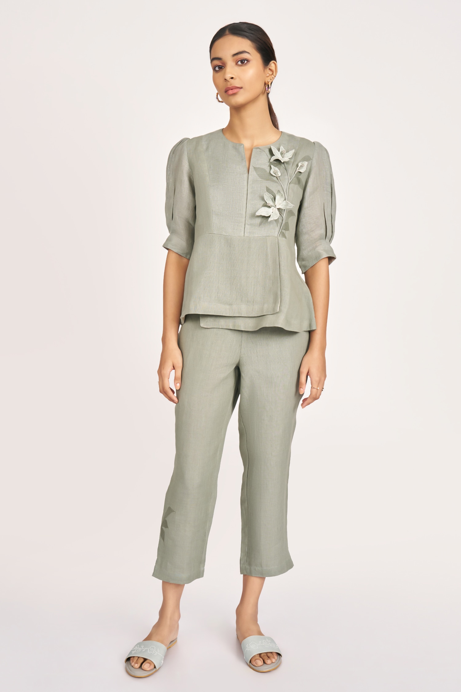 Buy Green 100% Linen Print Lily 3d Water Applique Peplum Top With Pant ...