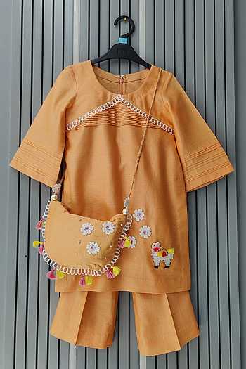 Buy Orange Chanderi Silk Hand Embroidered Crochet Lama Kurta And Pant ...