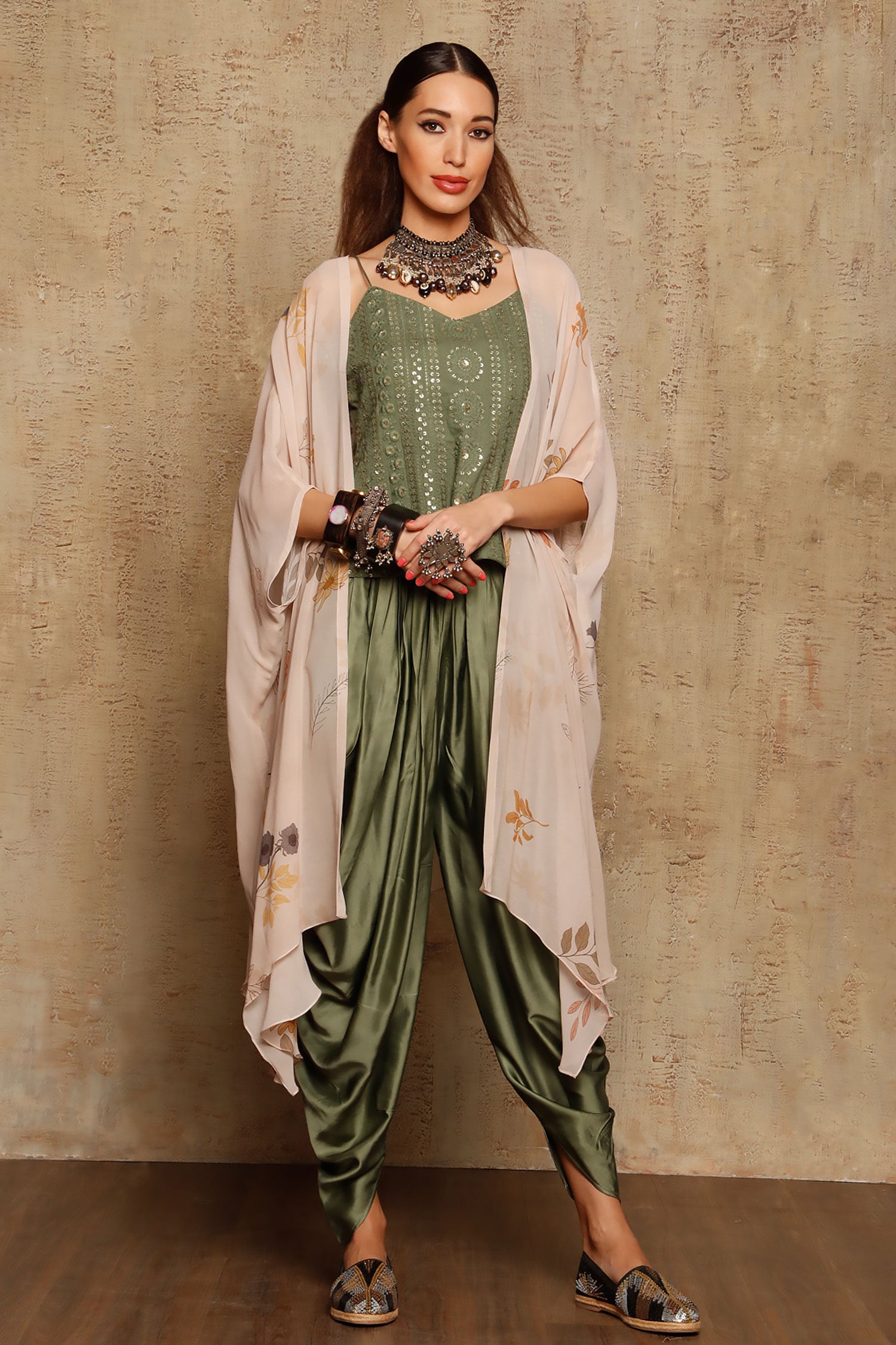 Buy Green Top: Thread And Sequins Cotton Print Doodle Cape Dhoti Pant ...