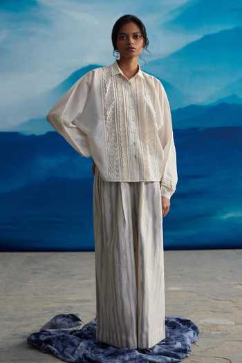 Buy Ivory Chanderi Embellished Lace Spread Collar Marrila Shirt For ...