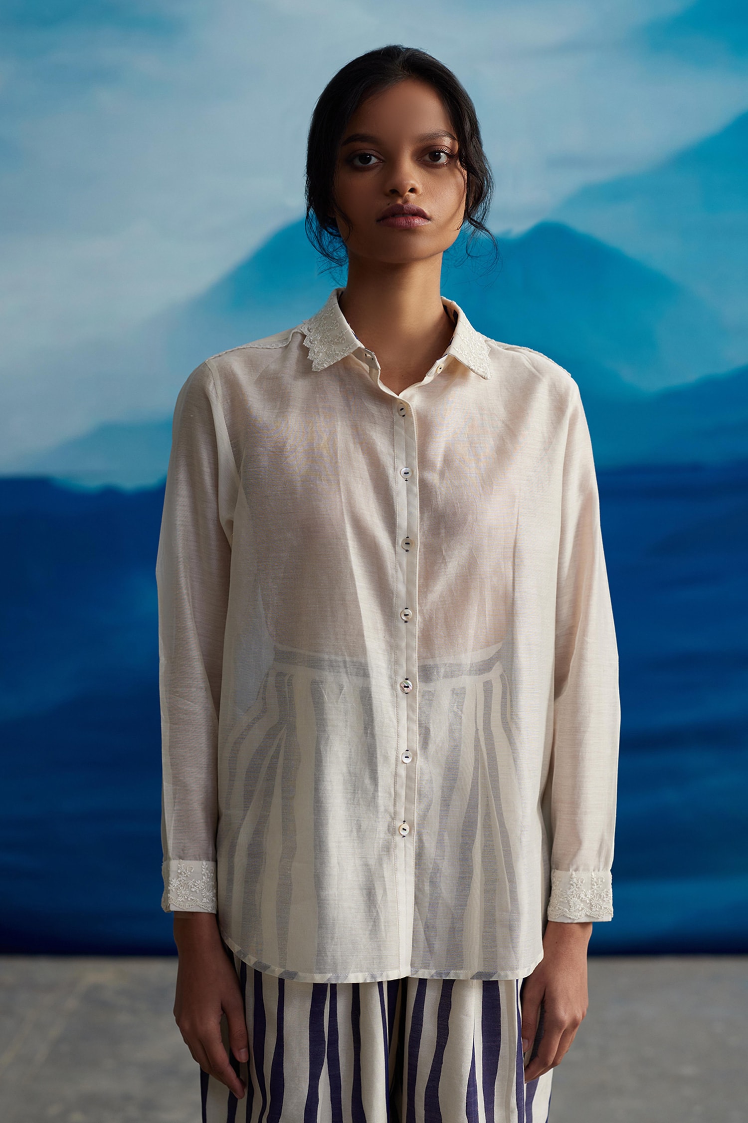 Buy Ivory Chanderi Embellished Lace Spread Collar Manuka Shirt For ...