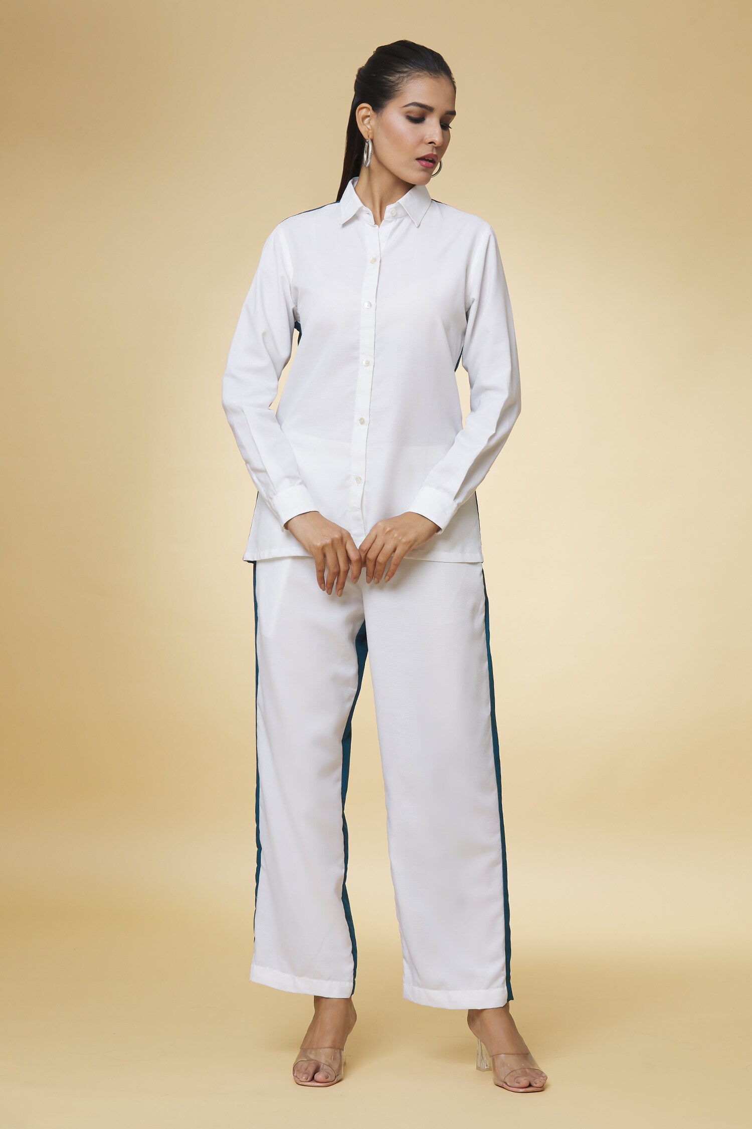 Buy White Cotton Volvo Solid Collar Skyline Shirt And Pant Set For ...