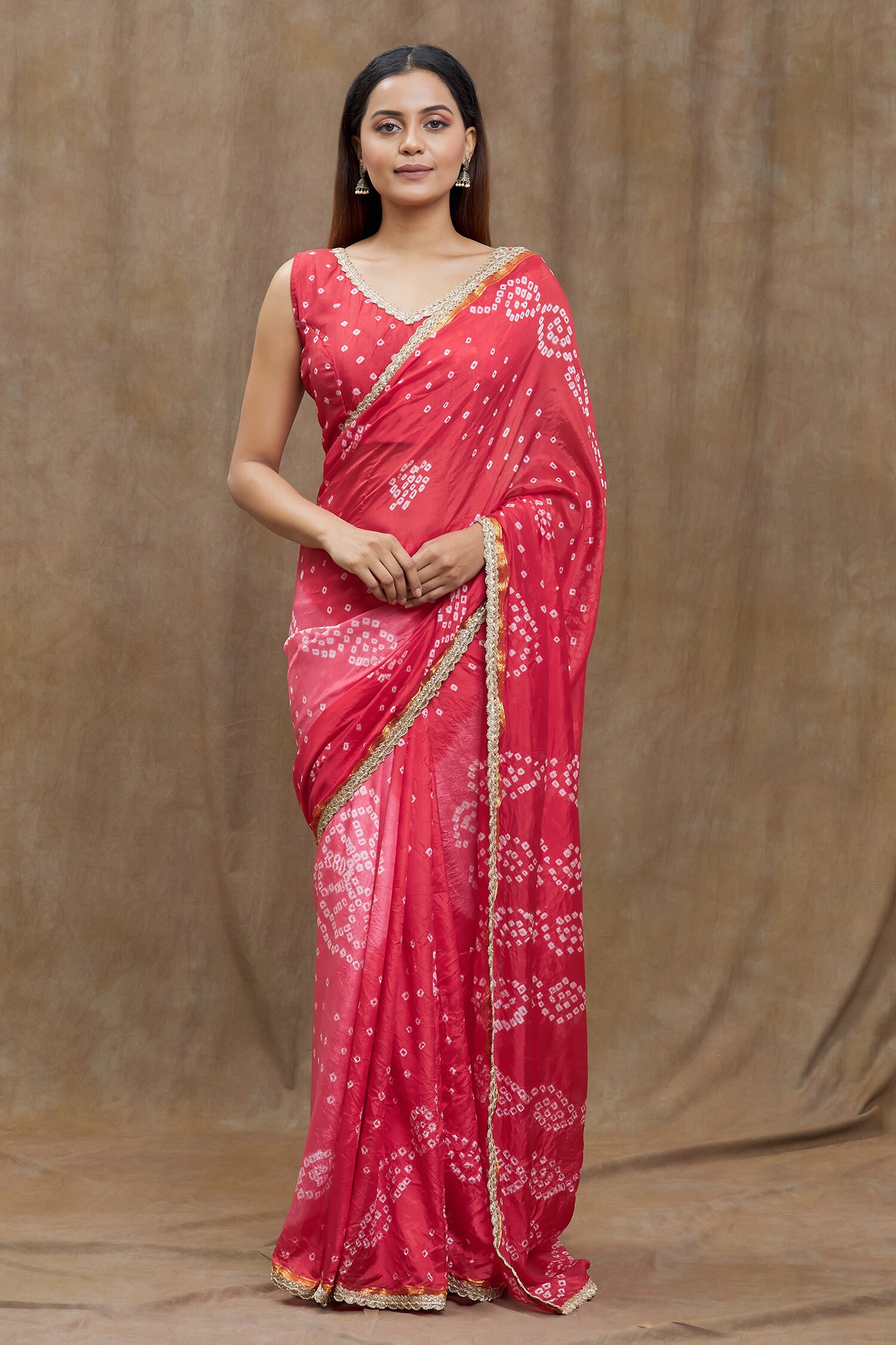Buy Red Silk Print Bandhani V Neck Butti Pattern Saree With Blouse For ...
