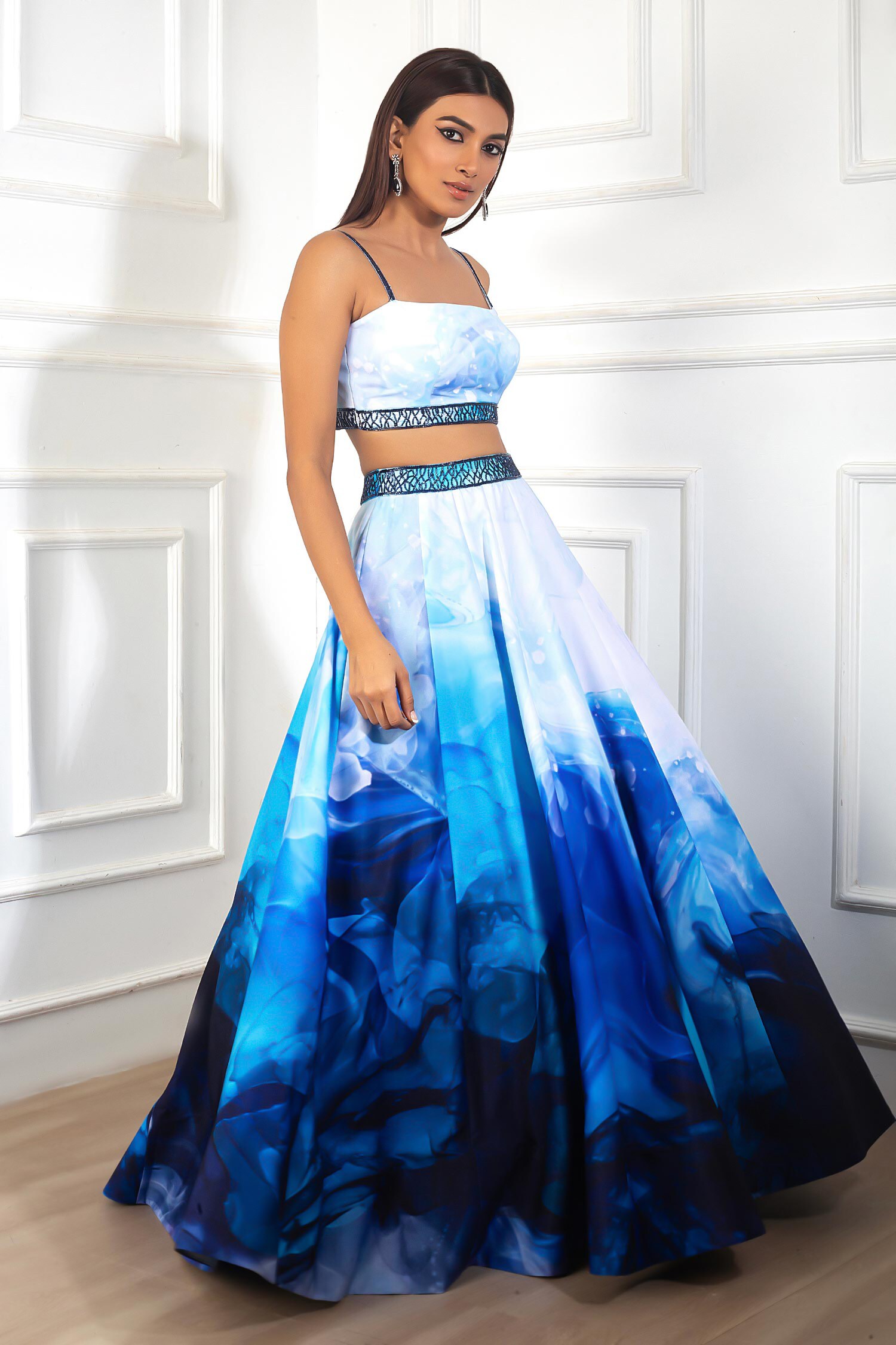 Buy White Lehenga And Blouse Crepe Printed Marble Texture Ocean Set For ...