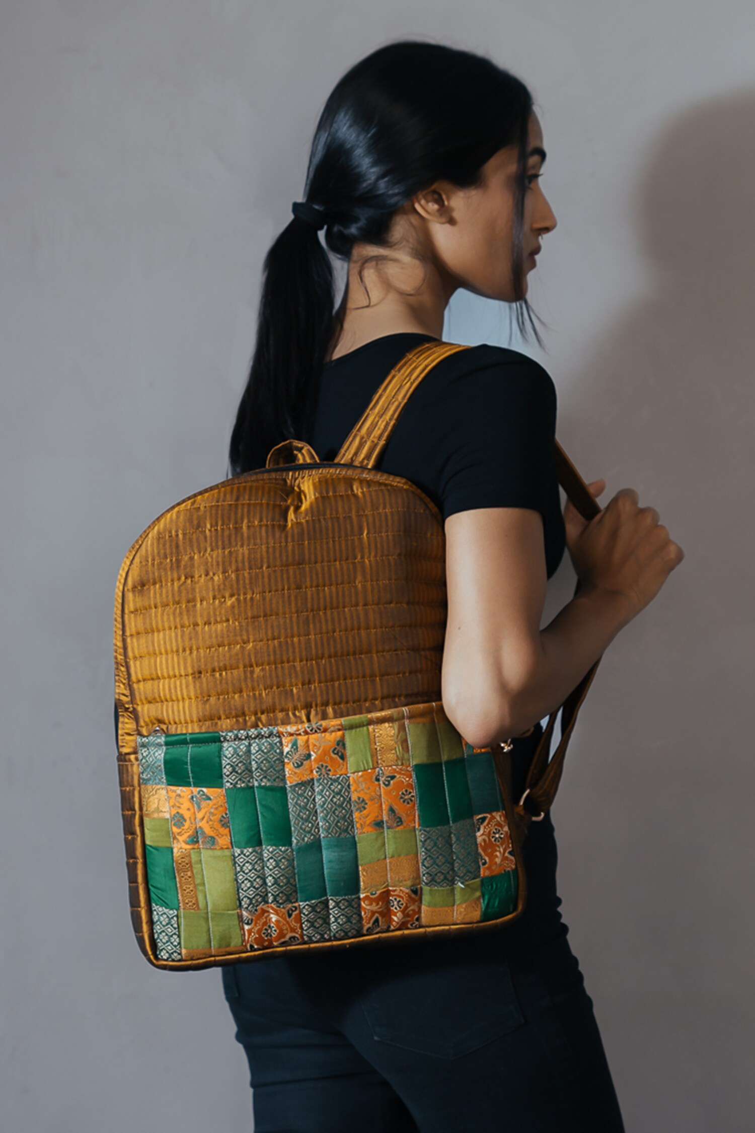 Buy Brown Godhadi Patchwork Kaushiki Petite Backpack by Riti Online at ...