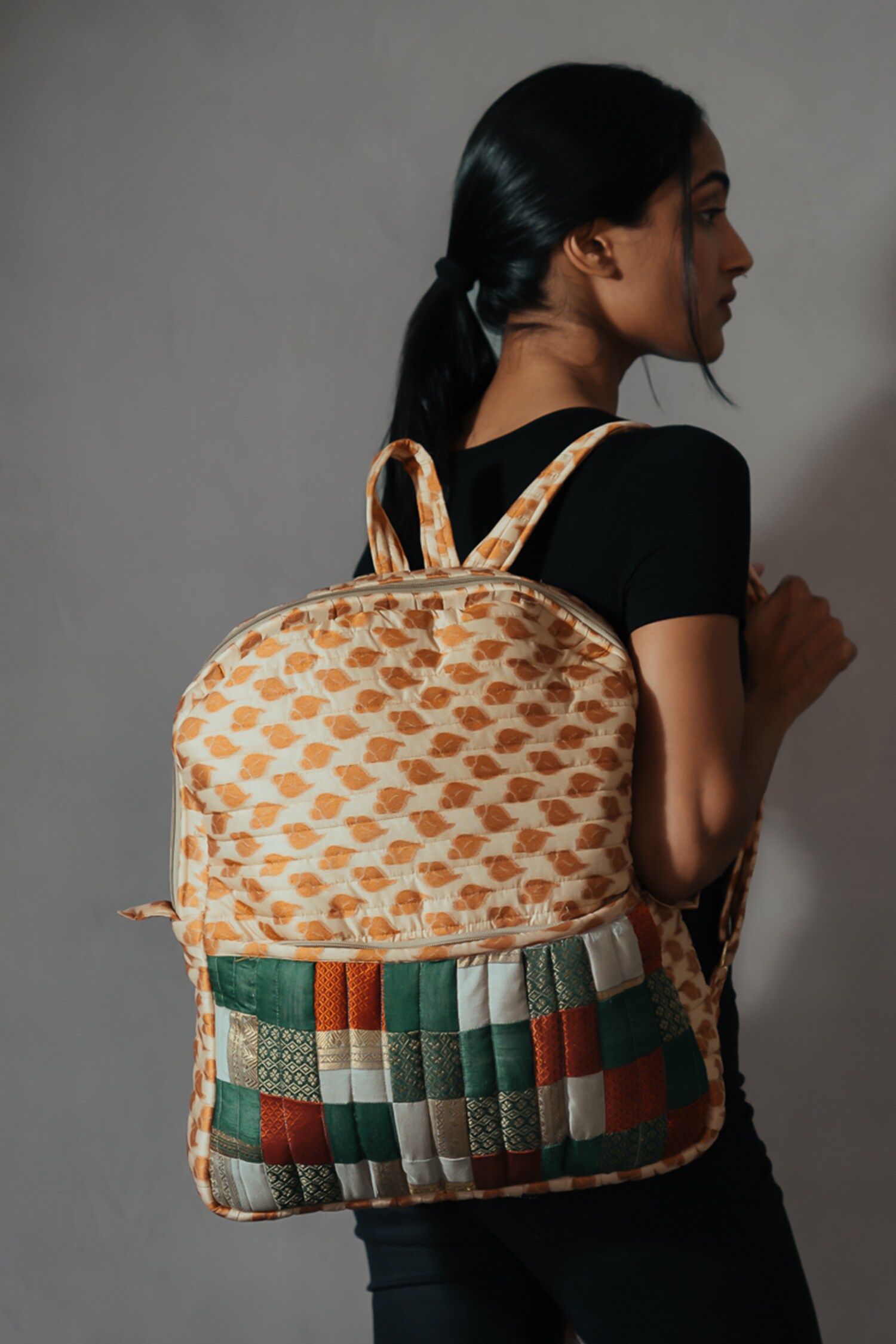 Buy Beige Godhadi Patchwork Reshma Grande Self Design Backpack by Riti ...