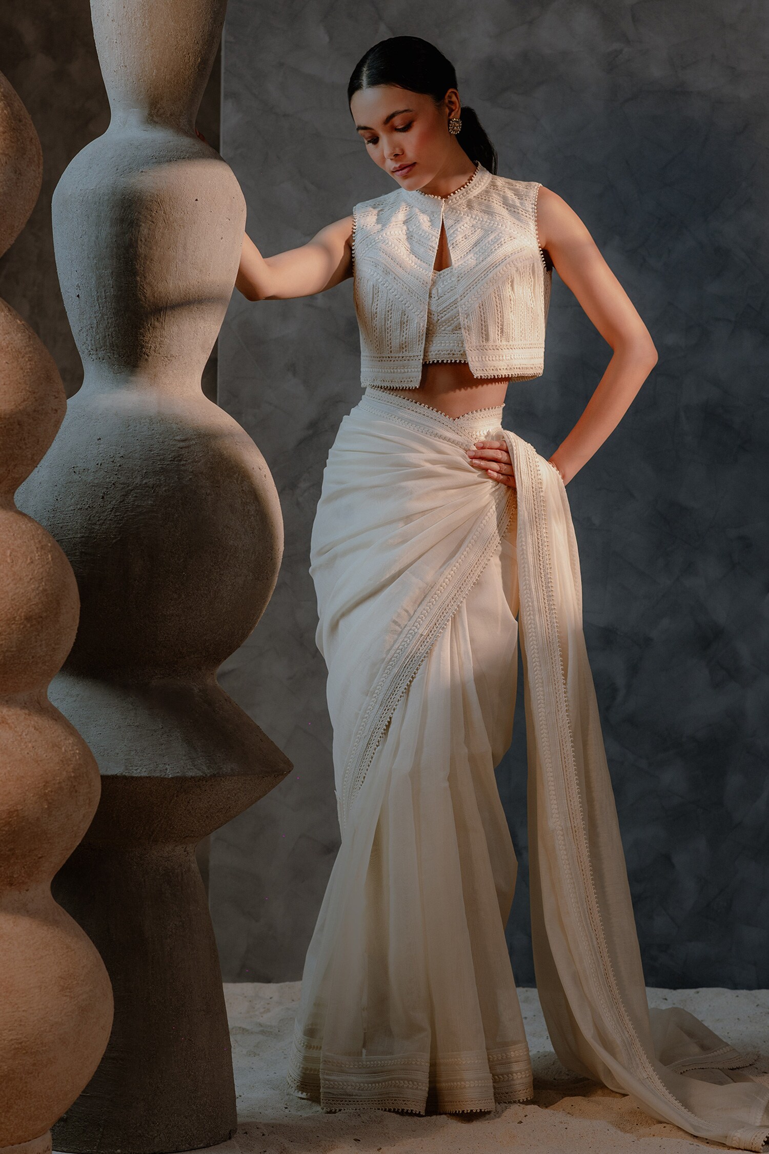 Buy Off White 100% Rayon Embroidered Thread Round Cropped Jacket For ...