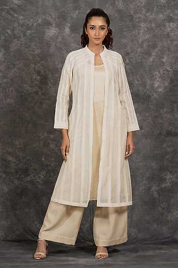Buy Off White Cotton Silk Blend Embroidered Thread Round Open Long ...