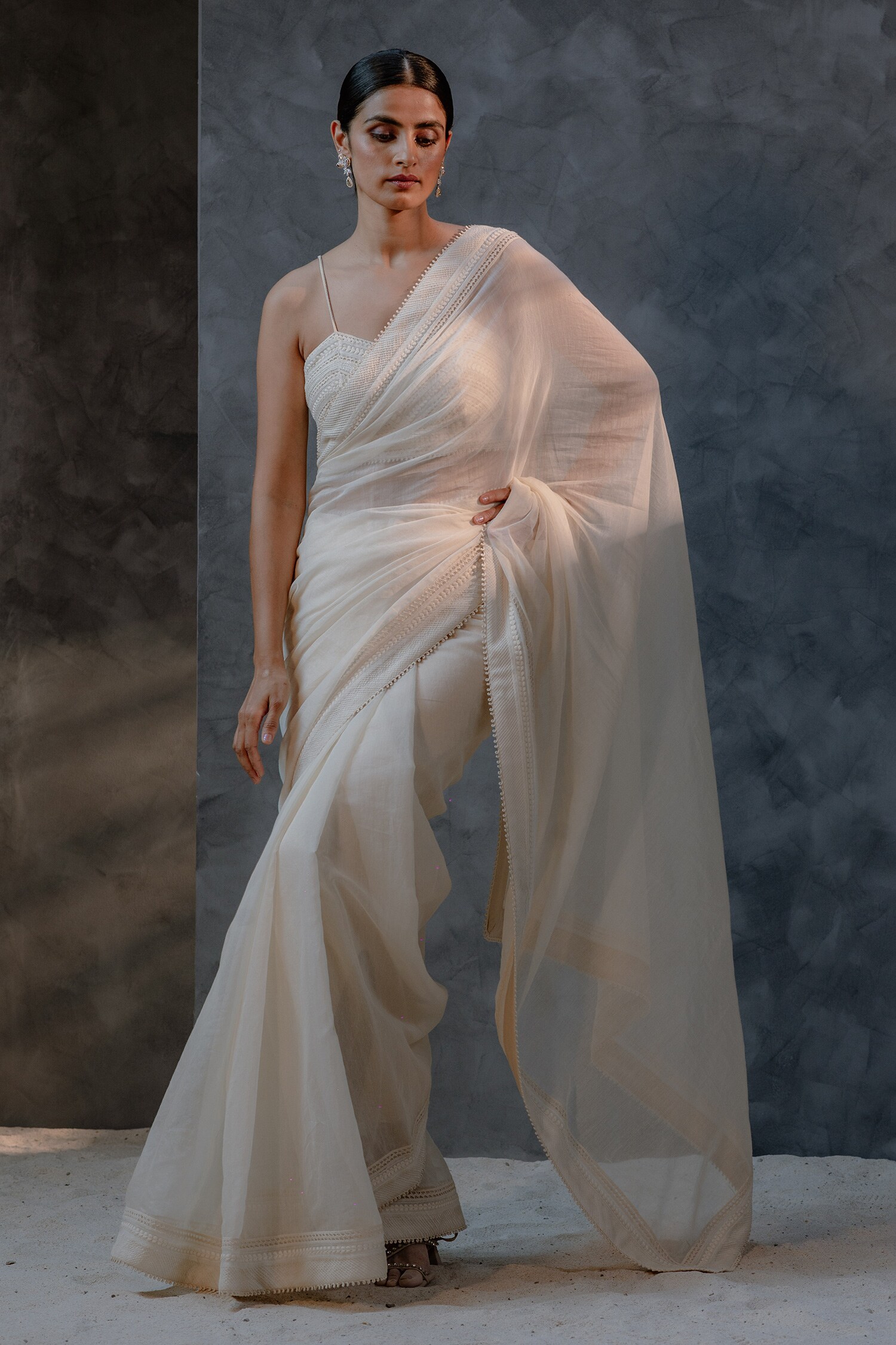 Buy Off White Cotton Silk Blend Embroidered Thread Saree For Women by ...