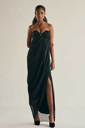 Buy Blue Georgette Textured Halter Neck Night Sky Gown For Women by ...