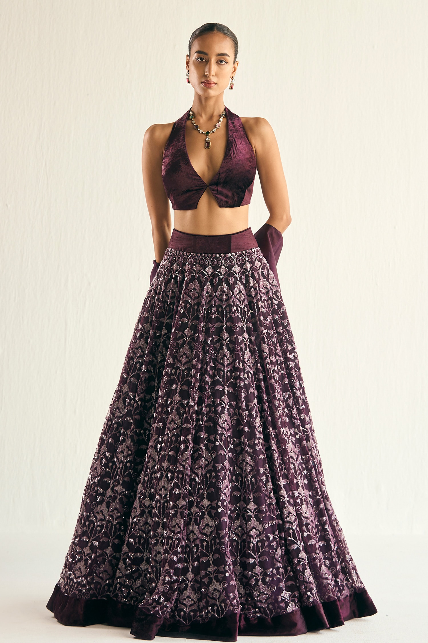 Buy Purple Tulle Embroidered Sequin Halter Neck Floral Lehenga Set For