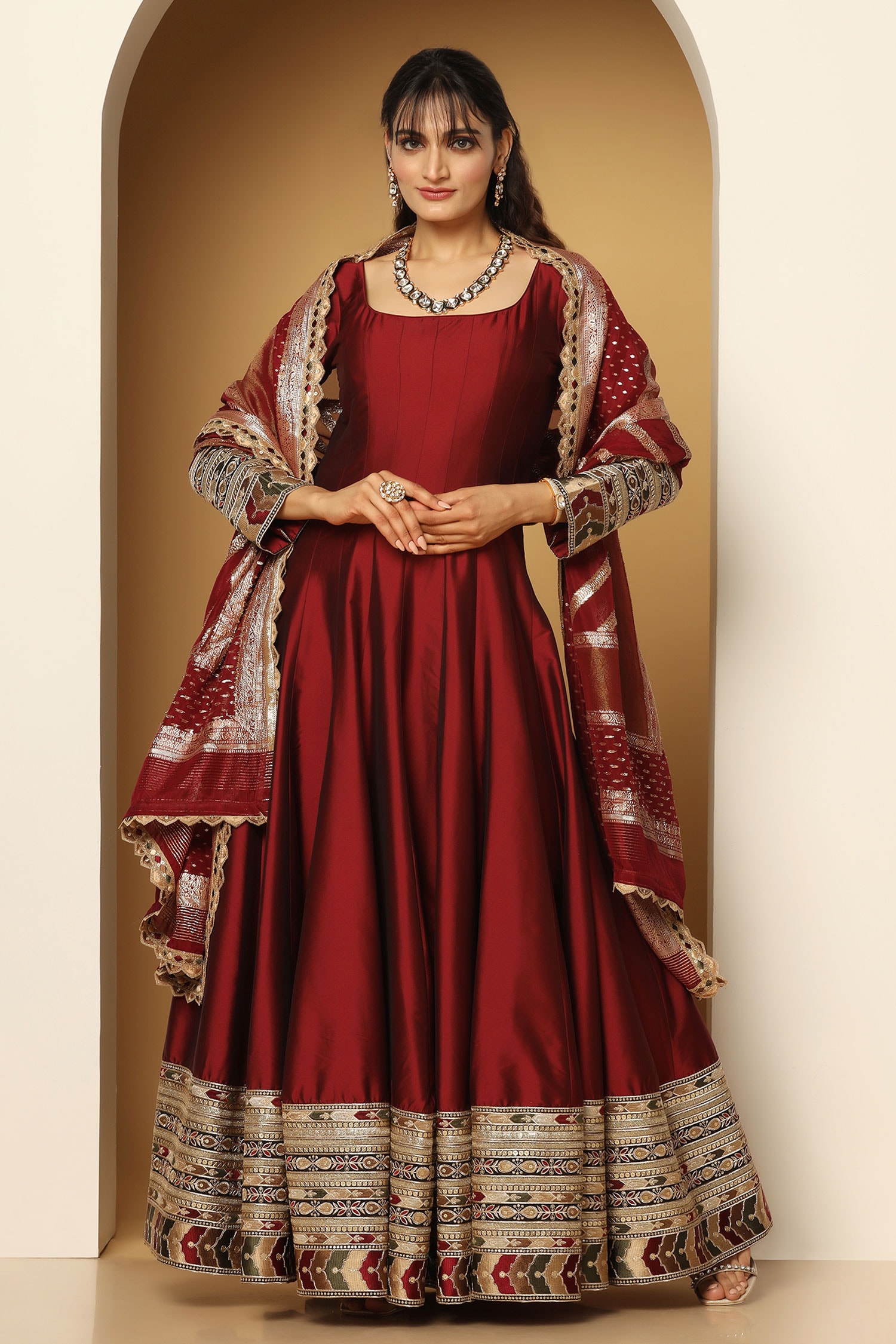 Buy Maroon Anarkali: Dupion Silk Embroidery Zari Square Neck Border Set ...