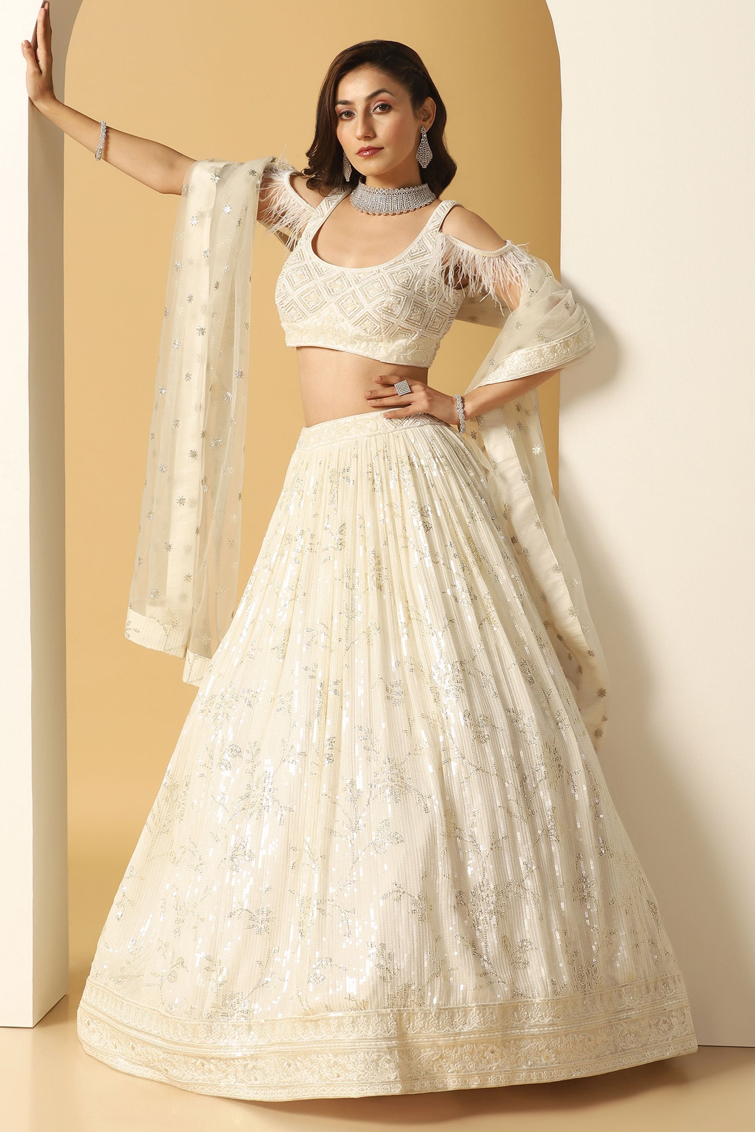 Buy Ivory Lehenga: Georgette Embellished Thread U Neck Sequin Work Set ...