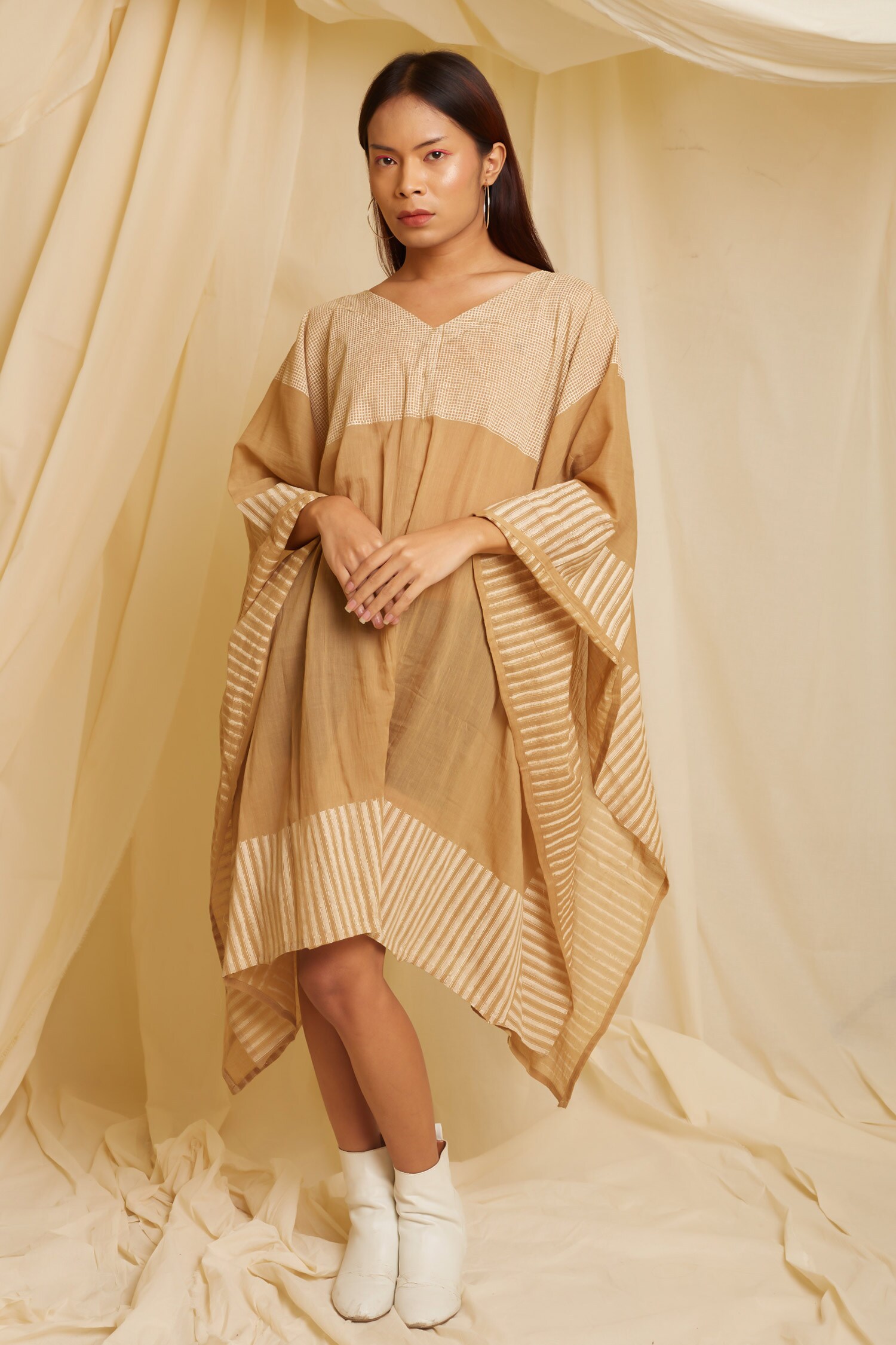 Buy Beige Cotton Hand Block Print Stripe Paino Crossroads Colour Kaftan ...