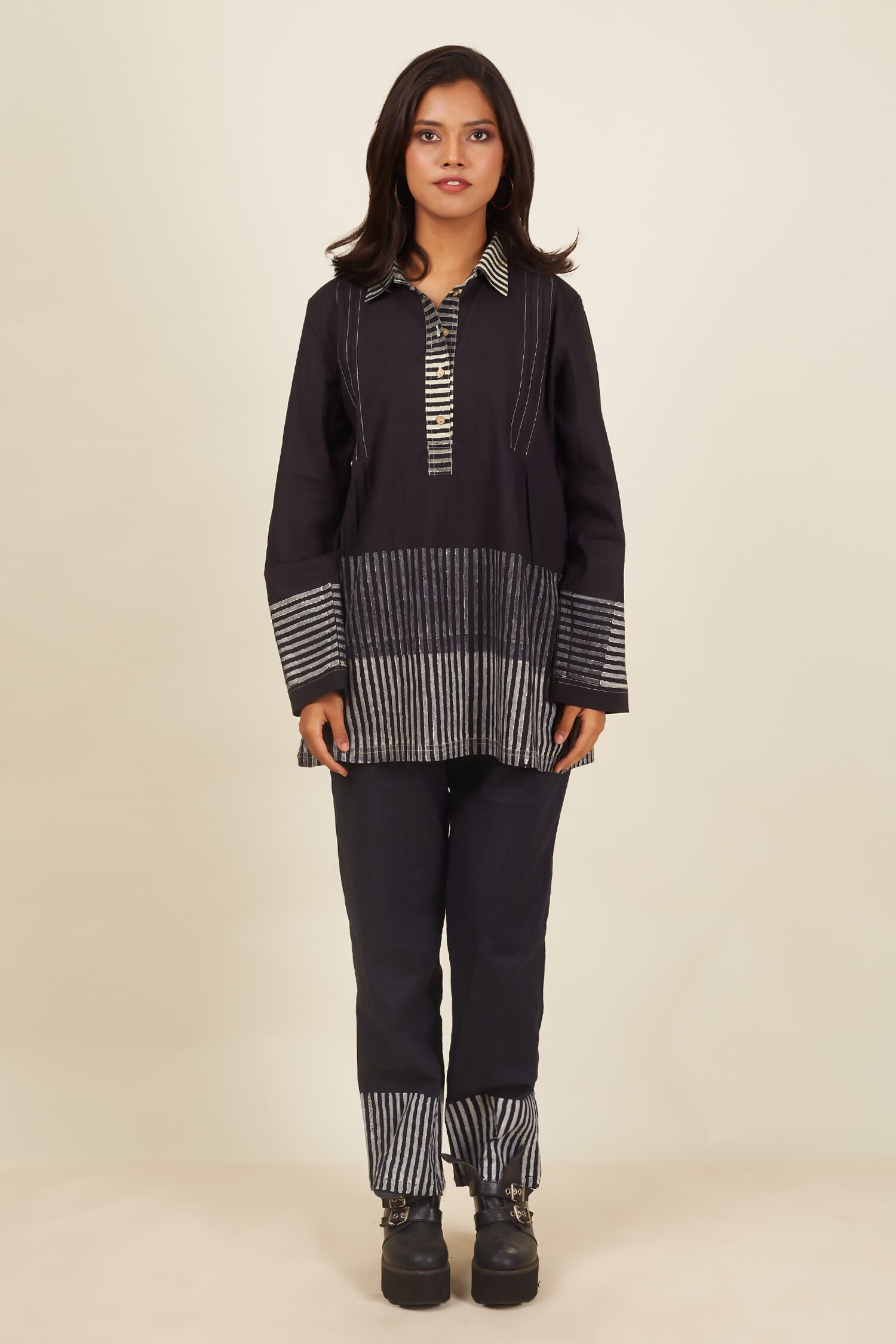 Buy Black Cotton Hand Block Print Stripe Graded Placement Top With Pant ...