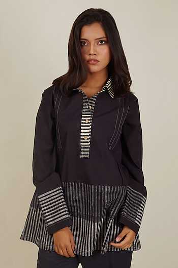 Buy Black Cotton Hand Block Print Stripe Shirt Graded Placement Top For ...