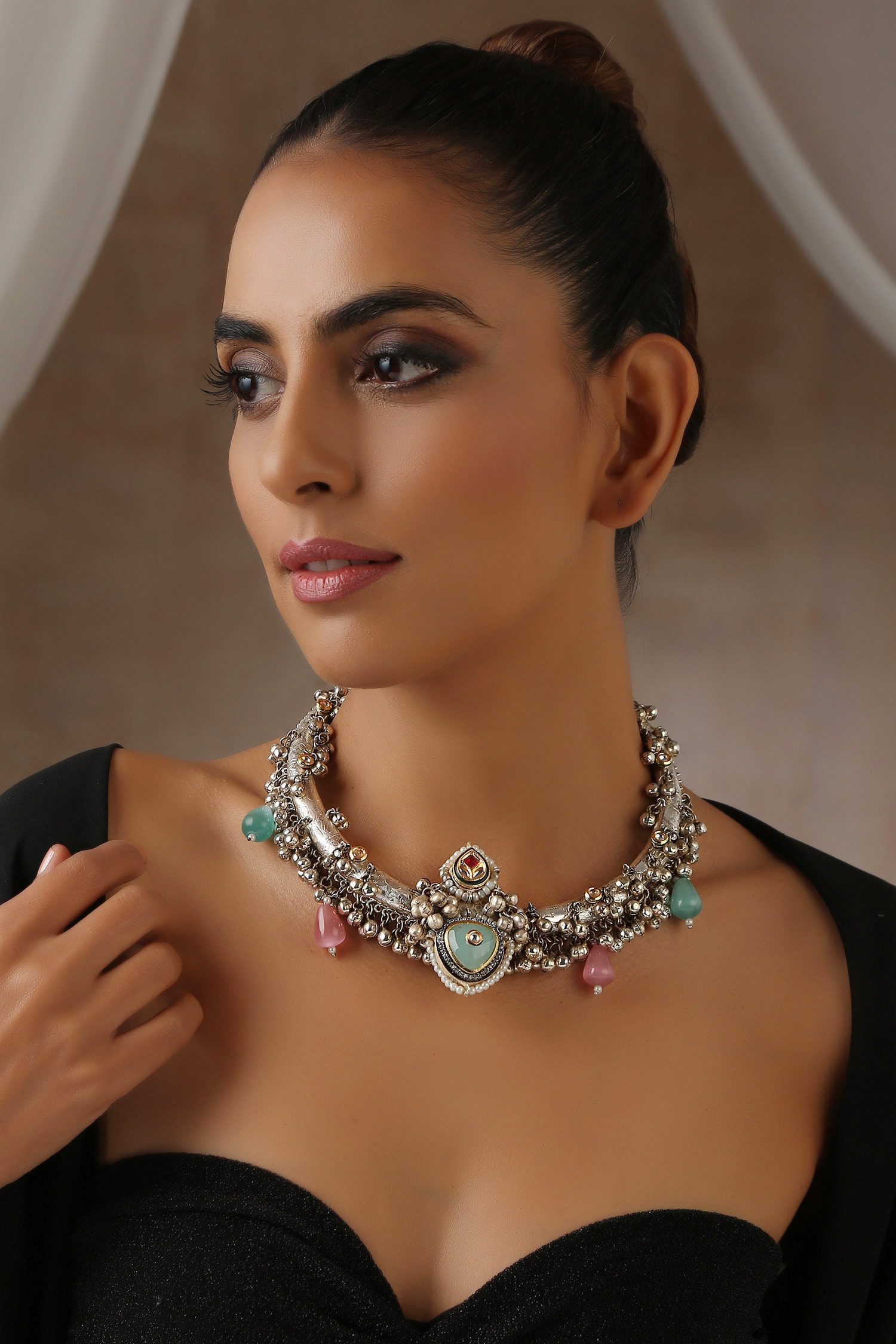 Buy Multi Color Bead Embellished Hasli Necklace by SWABHIMANN Online at ...