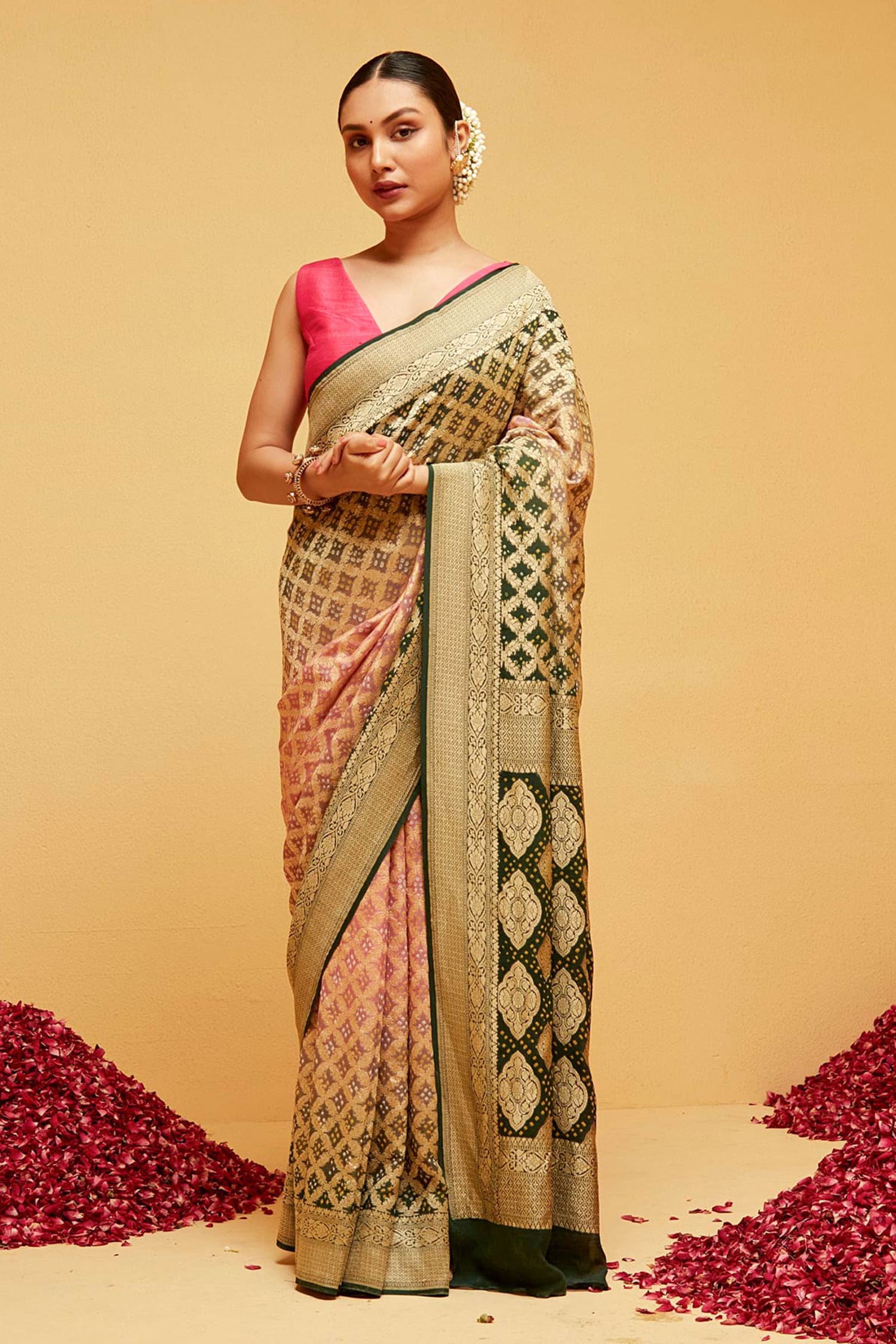 Buy Green Georgette Woven Bandhani Diamond Saree With Running Blouse ...