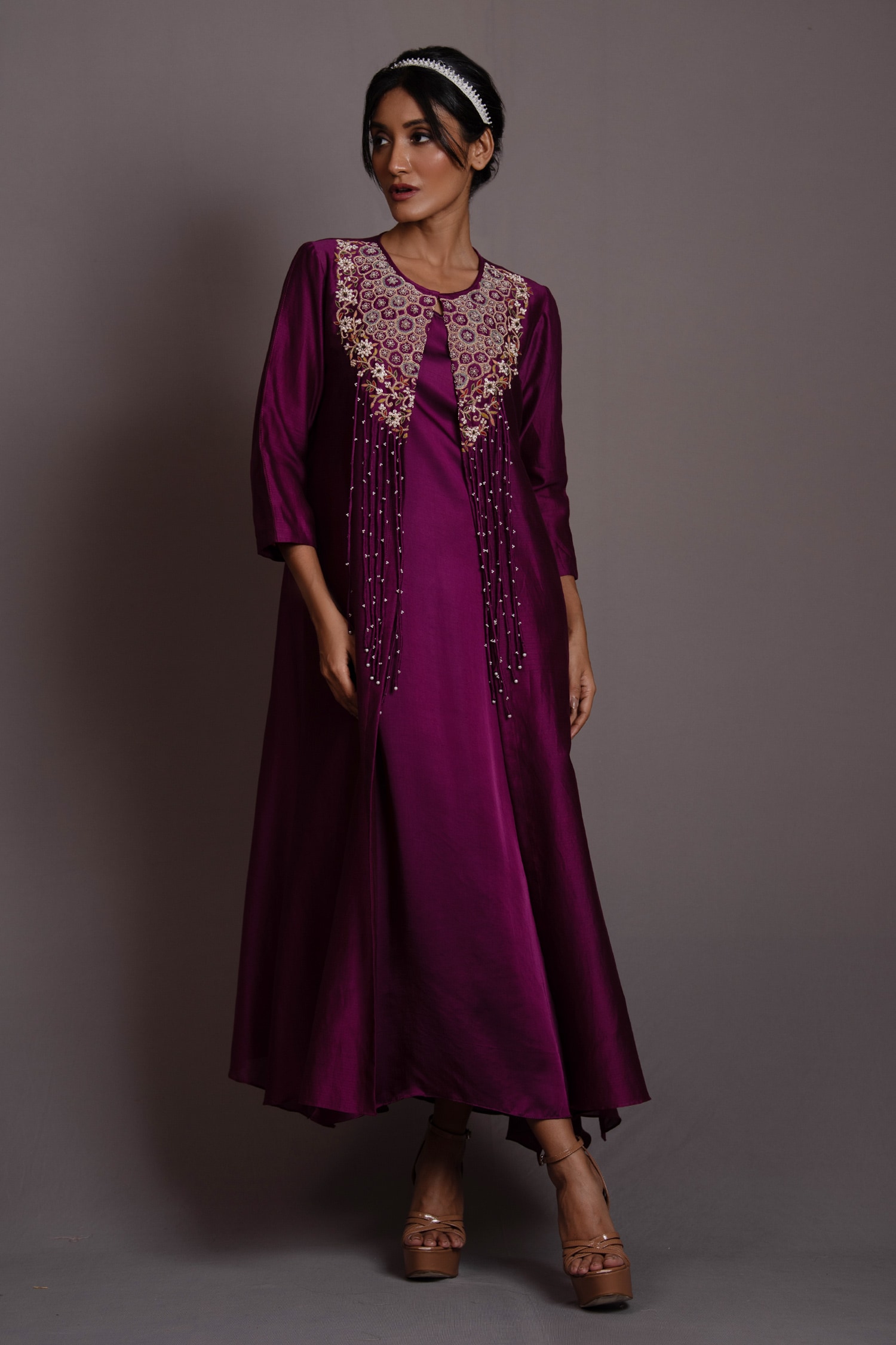 Buy Purple Silk Chanderi Embroidered A-line Floral Tunic With Inner For ...