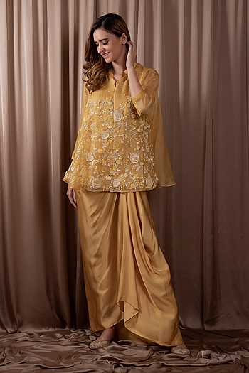 Buy Yellow Organza Embroidered Sequin Notched Tunic And Draped Skirt ...