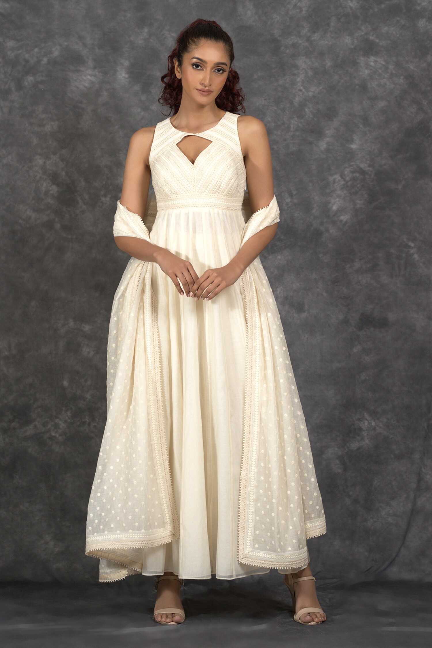 Buy Off White 70% Cotton Embroidered Thread Round Yoke Dress For Women ...