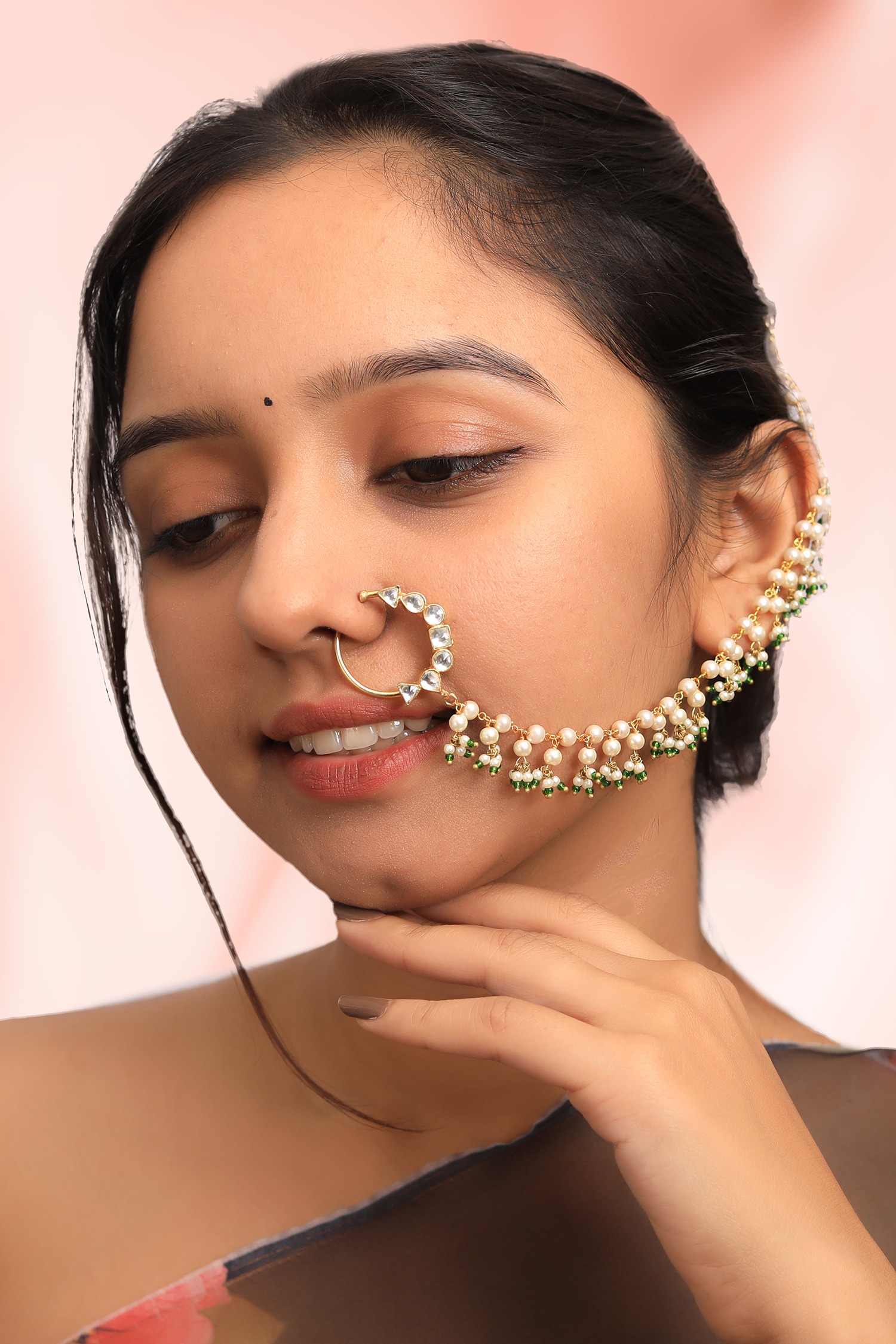 Buy Green Jadtar Stone Kundan And Pearl Drop Nath by Riana Jewellery ...