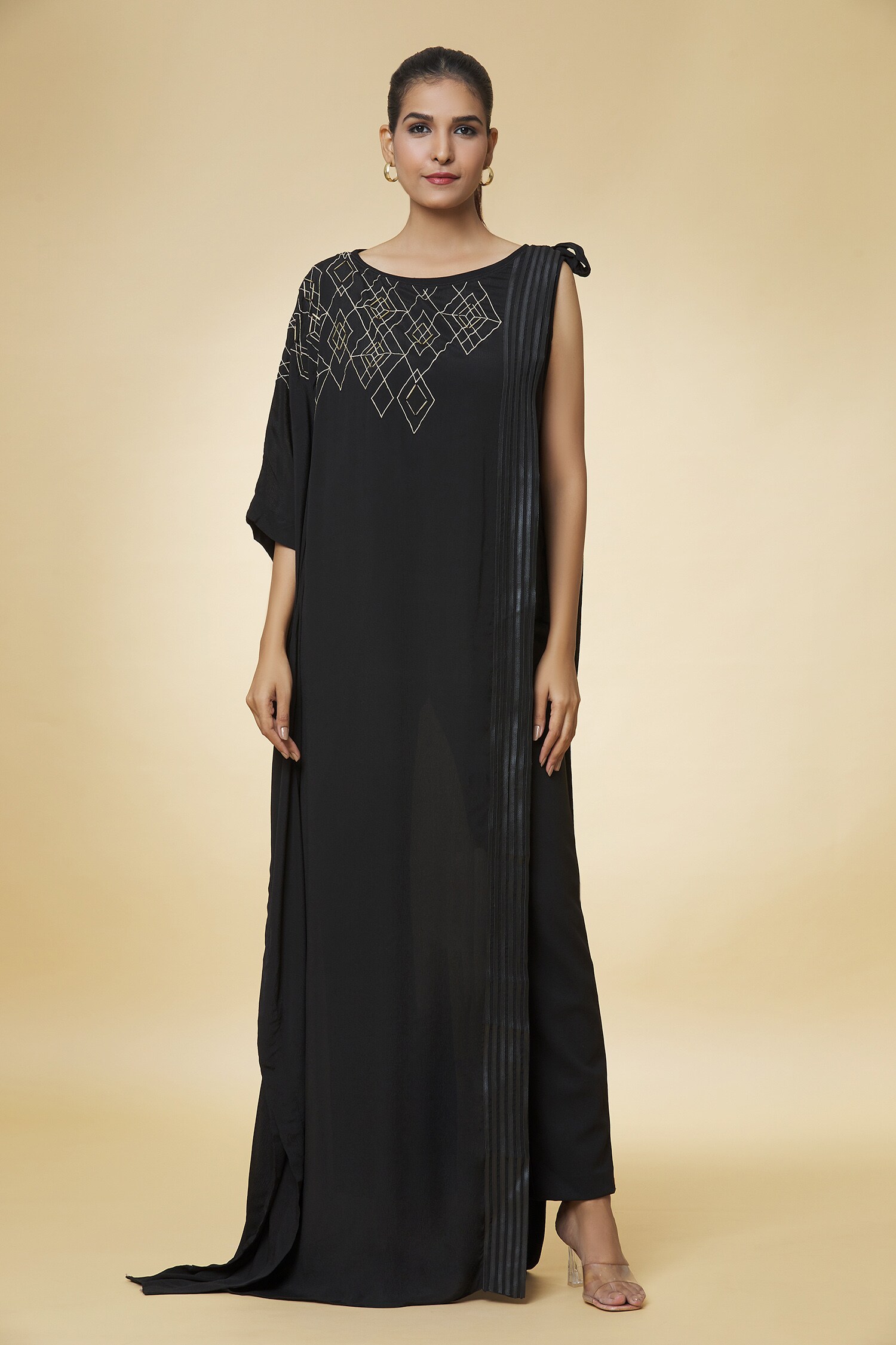 Buy Black Faux Leather Embroidered Applique Round Work Cape Overlay For ...