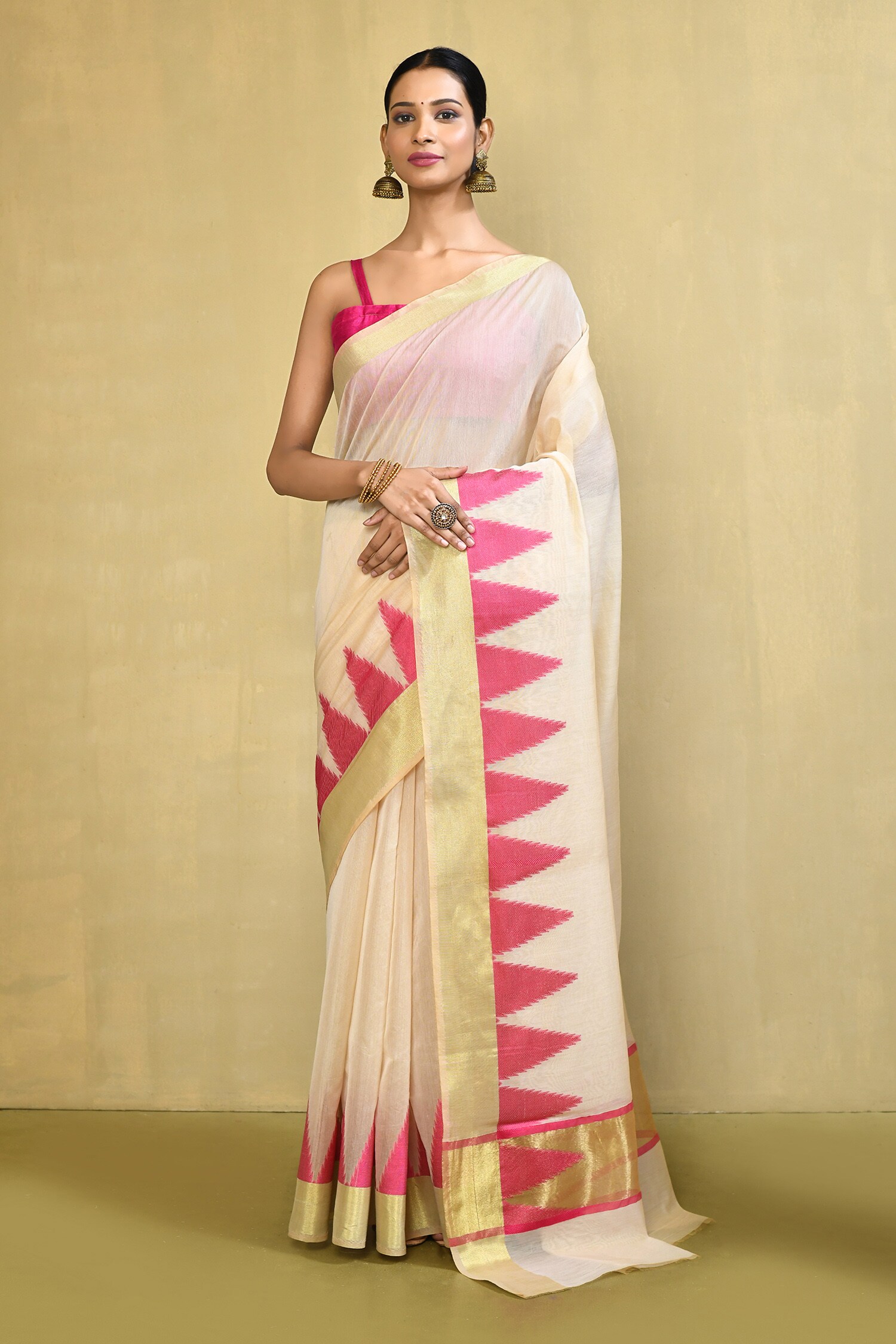 Buy Cream Cotton Silk Woven Triangle Placement Saree With Running ...