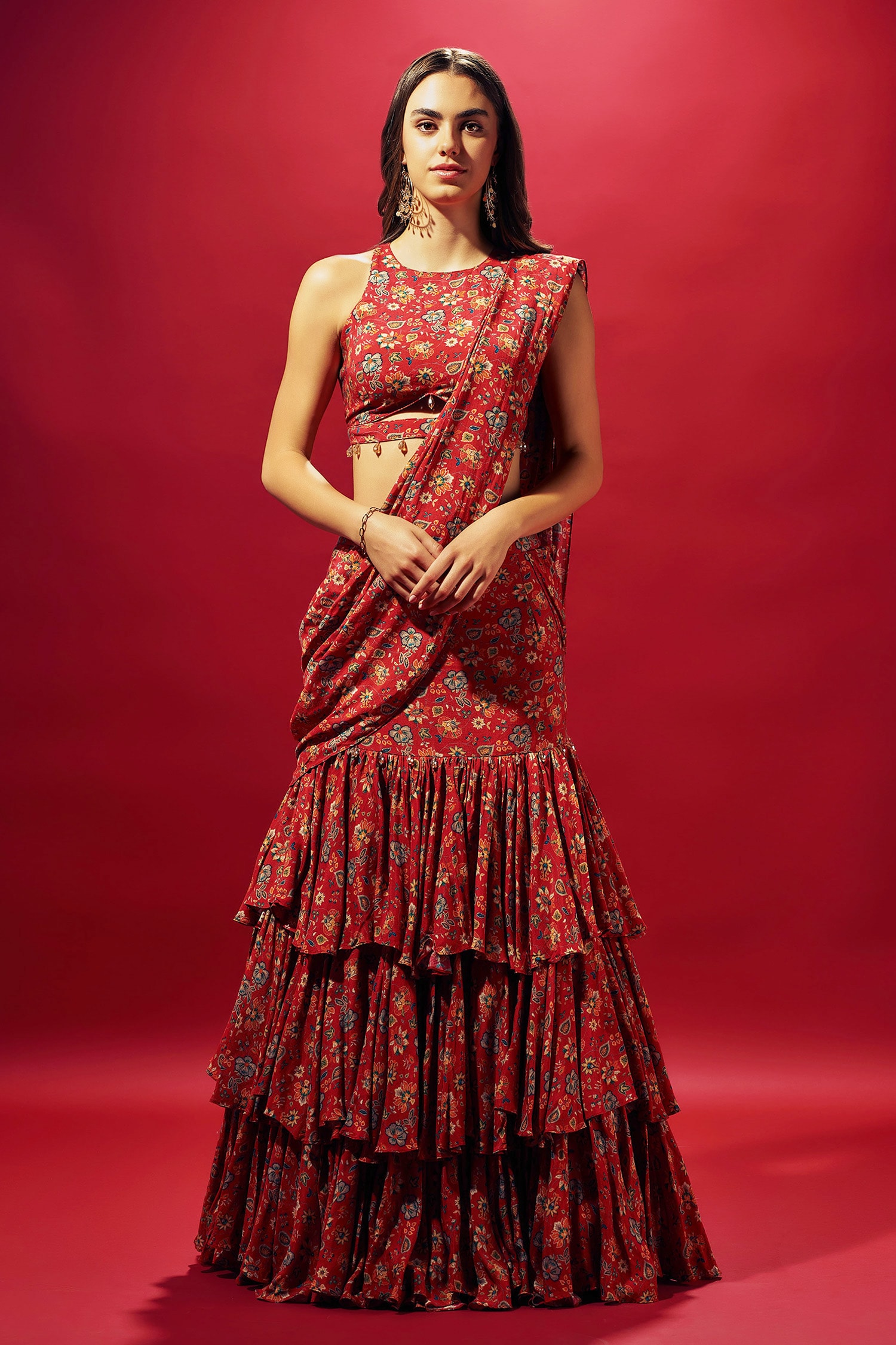 Buy Red Crepe Silk Print Floral Round Neck Pre-draped Ruffled Saree ...