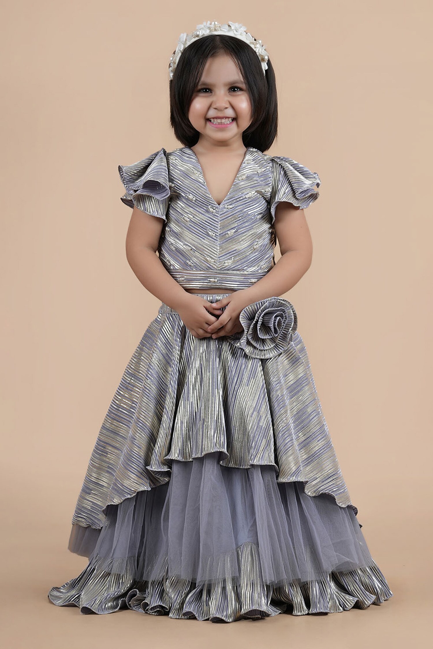 Buy Grey Pelted Crepe Embroidered Embellished Blouse Layered Lehenga ...