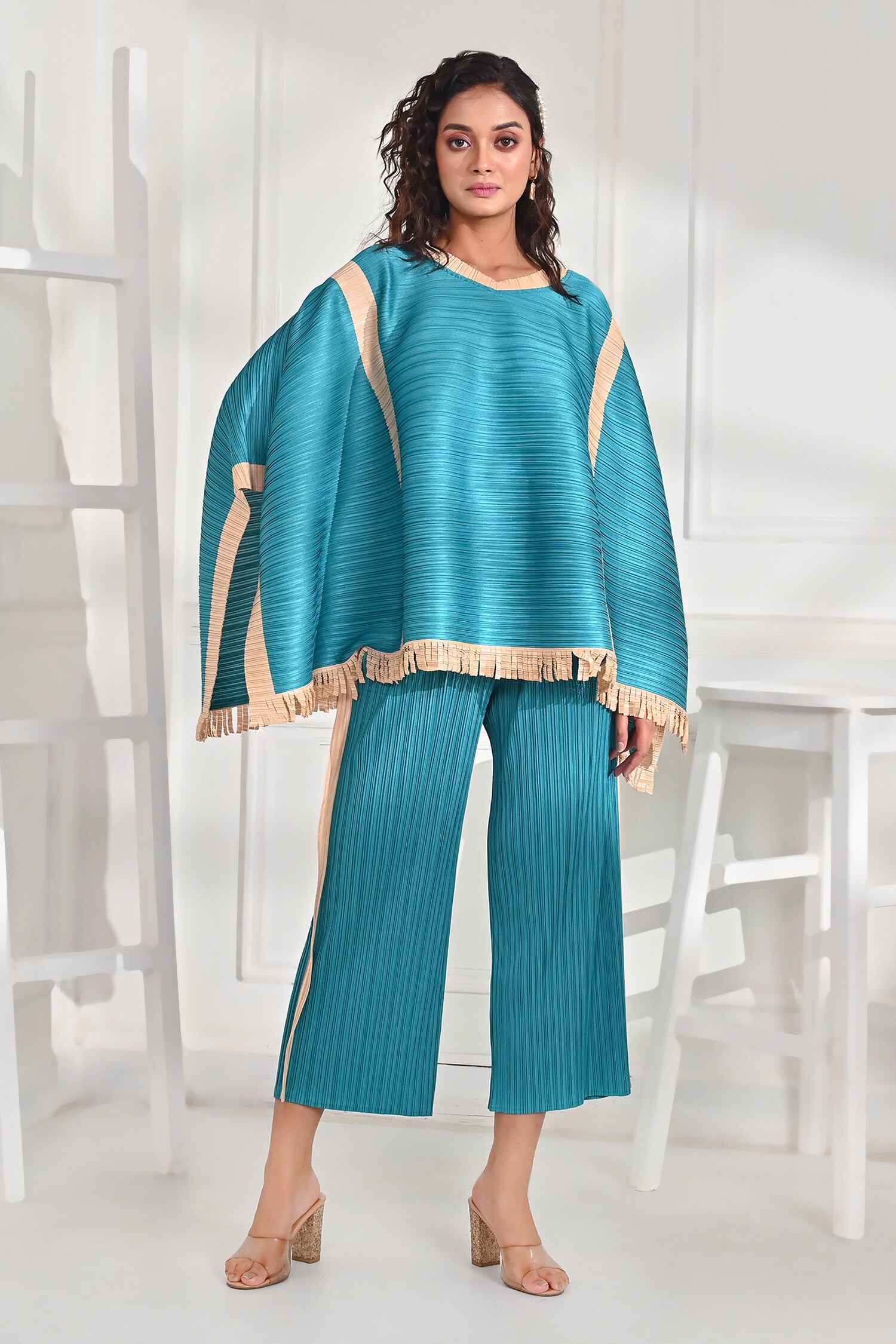 Buy Blue 100% Polyester Pleated Alyna Fringe Border Kaftan And Pant Set ...