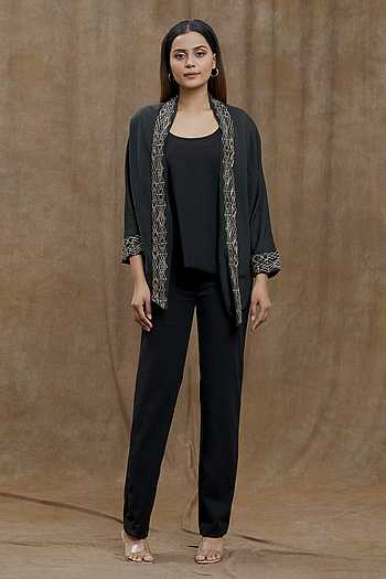 Buy Black Embroidery Cord Shawl Collar Border Jacket For Women by ...