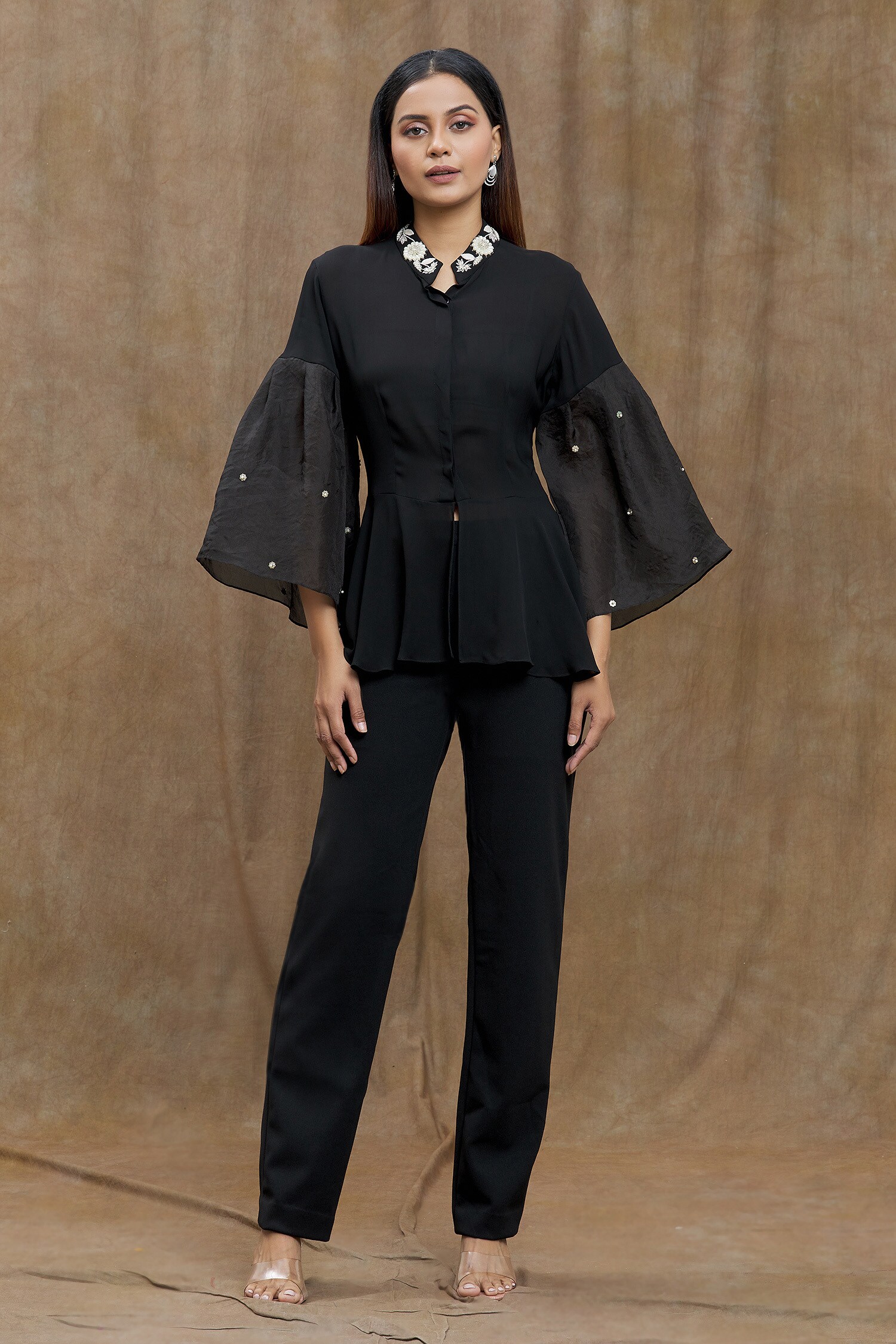 Buy Black Embellished Pearl Mandarin Collar Neckline Peplum Top For ...