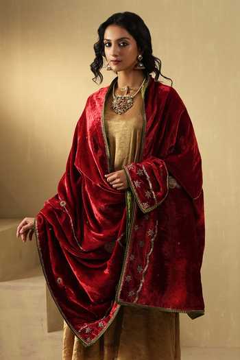 Buy Red Velvet Hand Embroidered Zardozi Floral Doshala For Women by ...