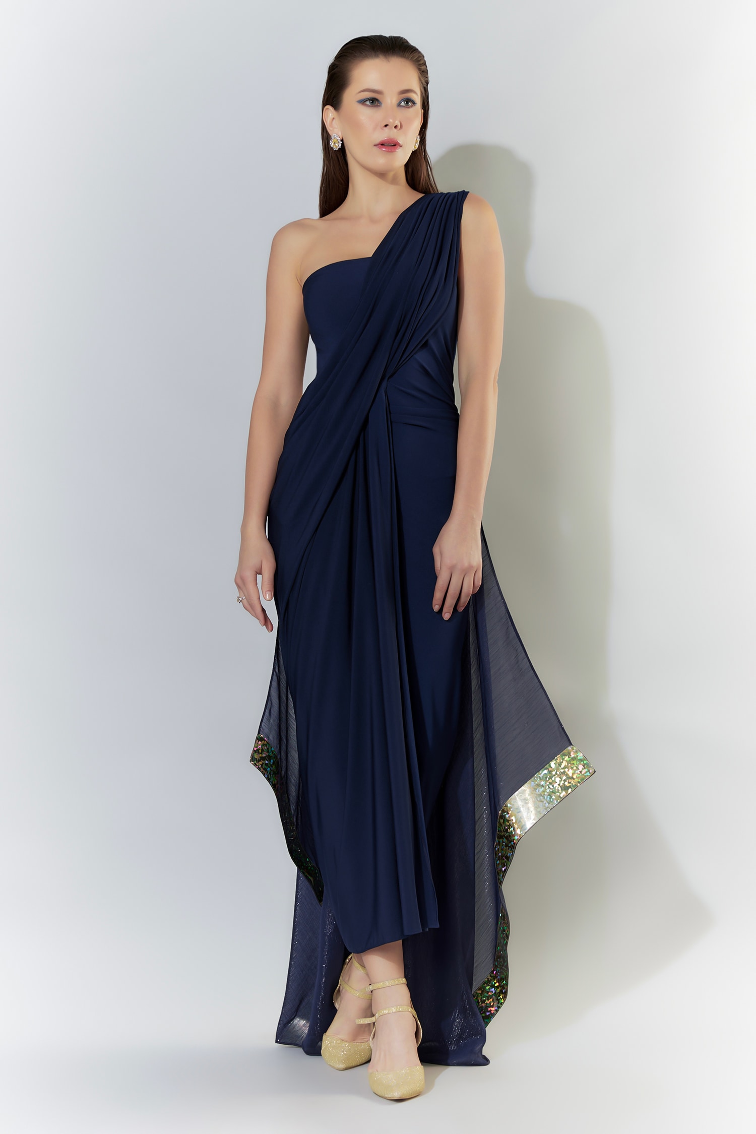 Buy Blue Stretch Knit Embellished Sequin One-shoulder Gathered Gown For ...