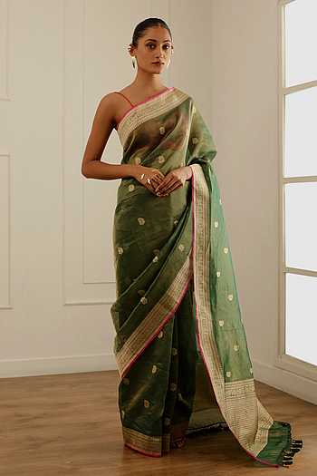Buy Green Banarasi Tissue Woven Mango Saree With Unstitched Blouse ...