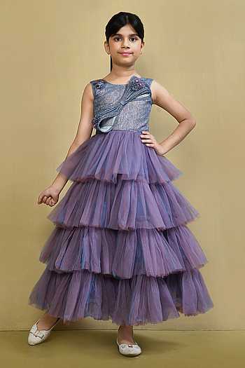 Buy Blue Net Placement Embellished Bow Shimmer Finish Ornamented Gown ...